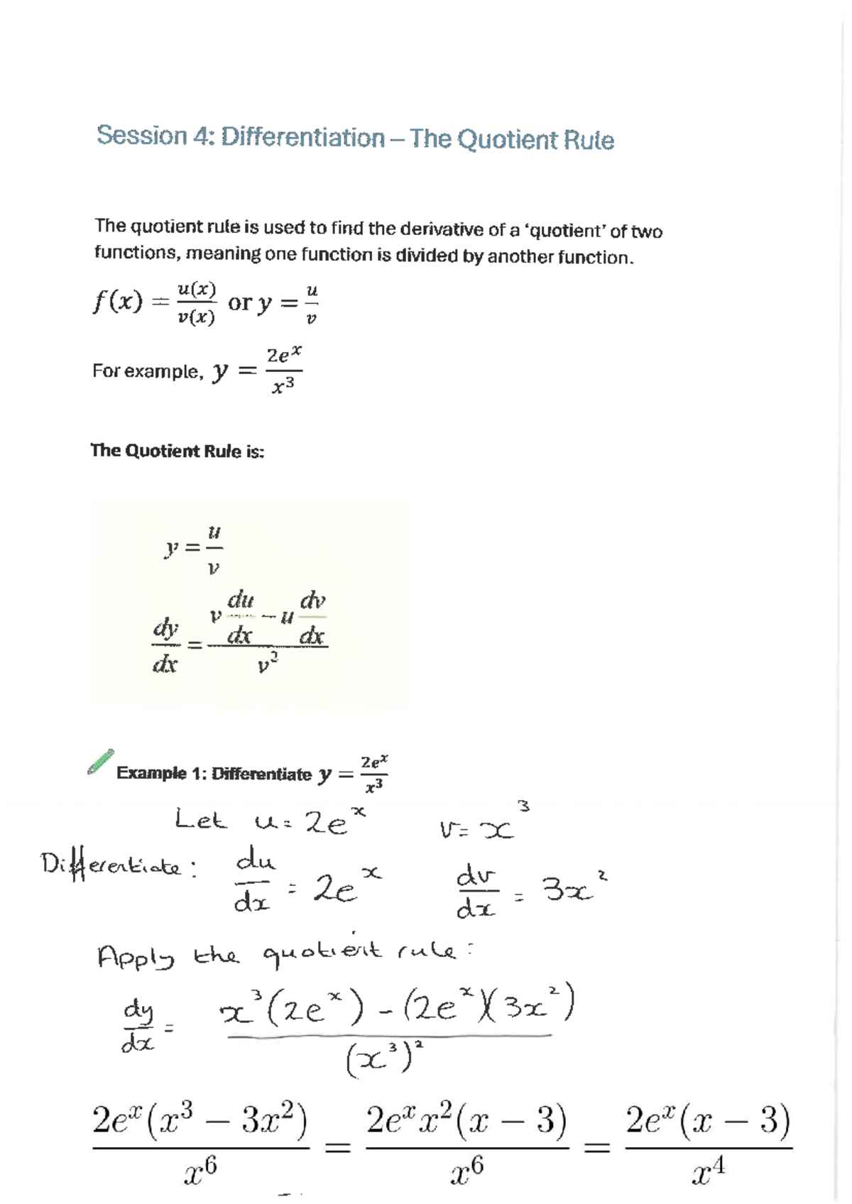 Session 4: Complete Lecture Notes on The Quotient Rule - Studocu