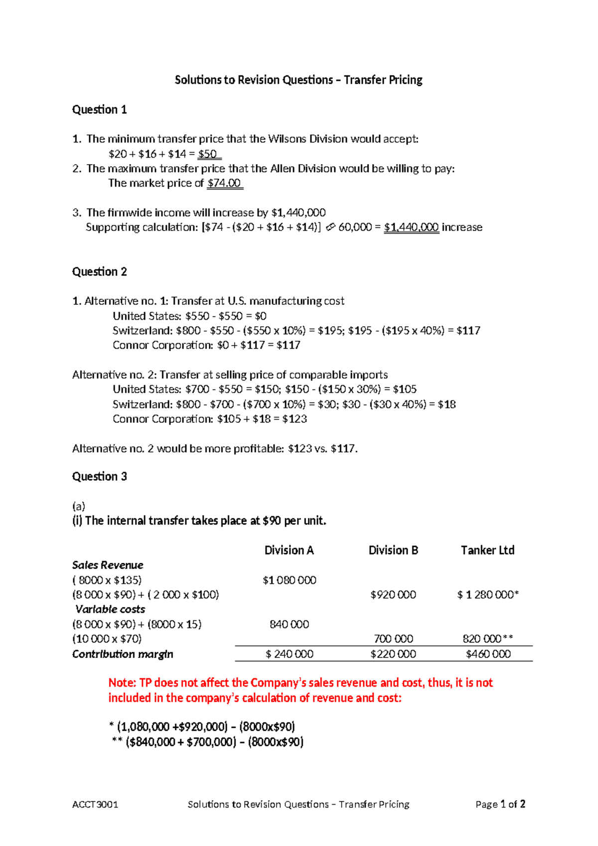 ACCT3001 Transfer Pricing Revision Solutions with Explanations - Studocu