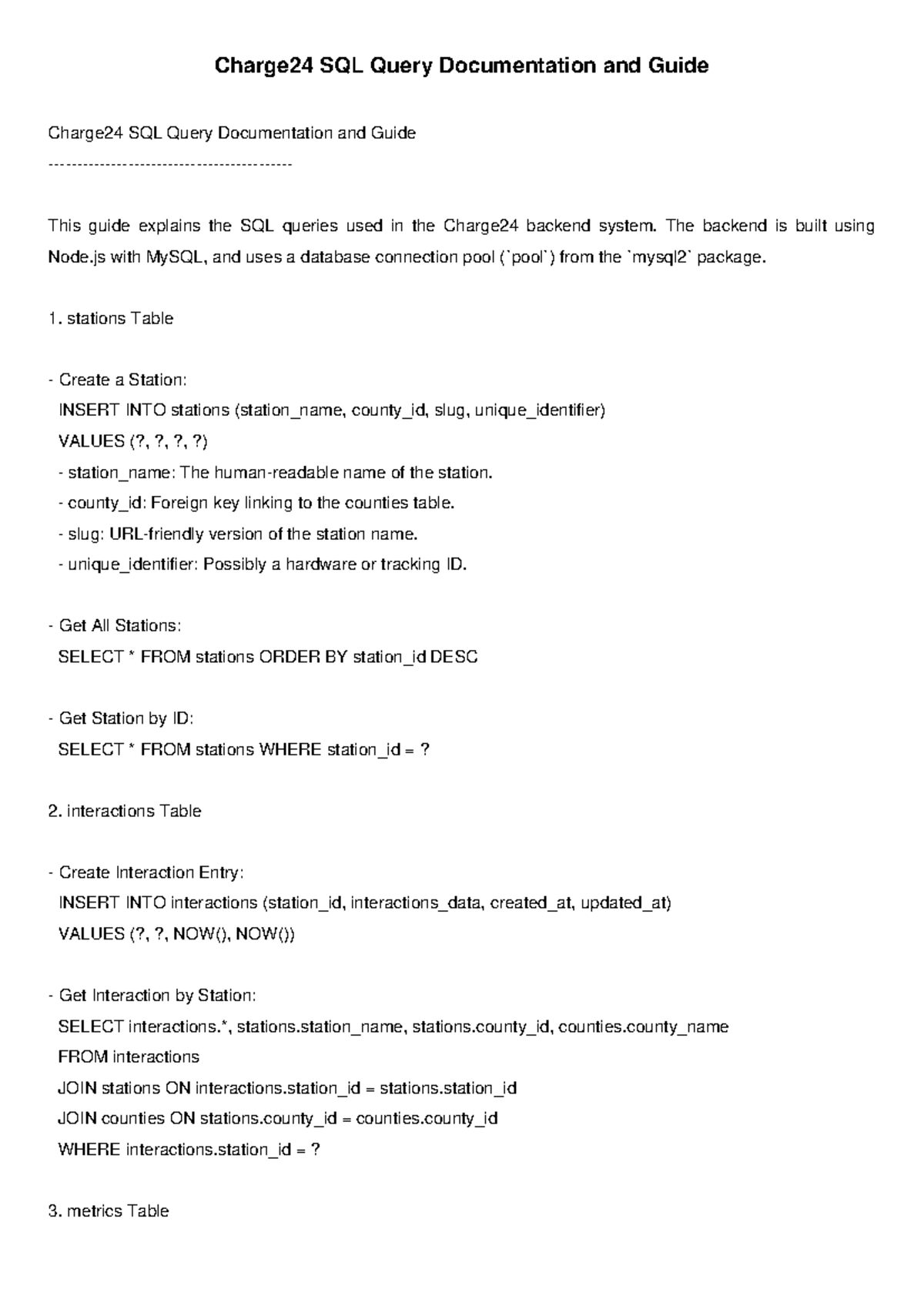 Charge24 SQL Query Guide: Backend System Documentation - Studocu