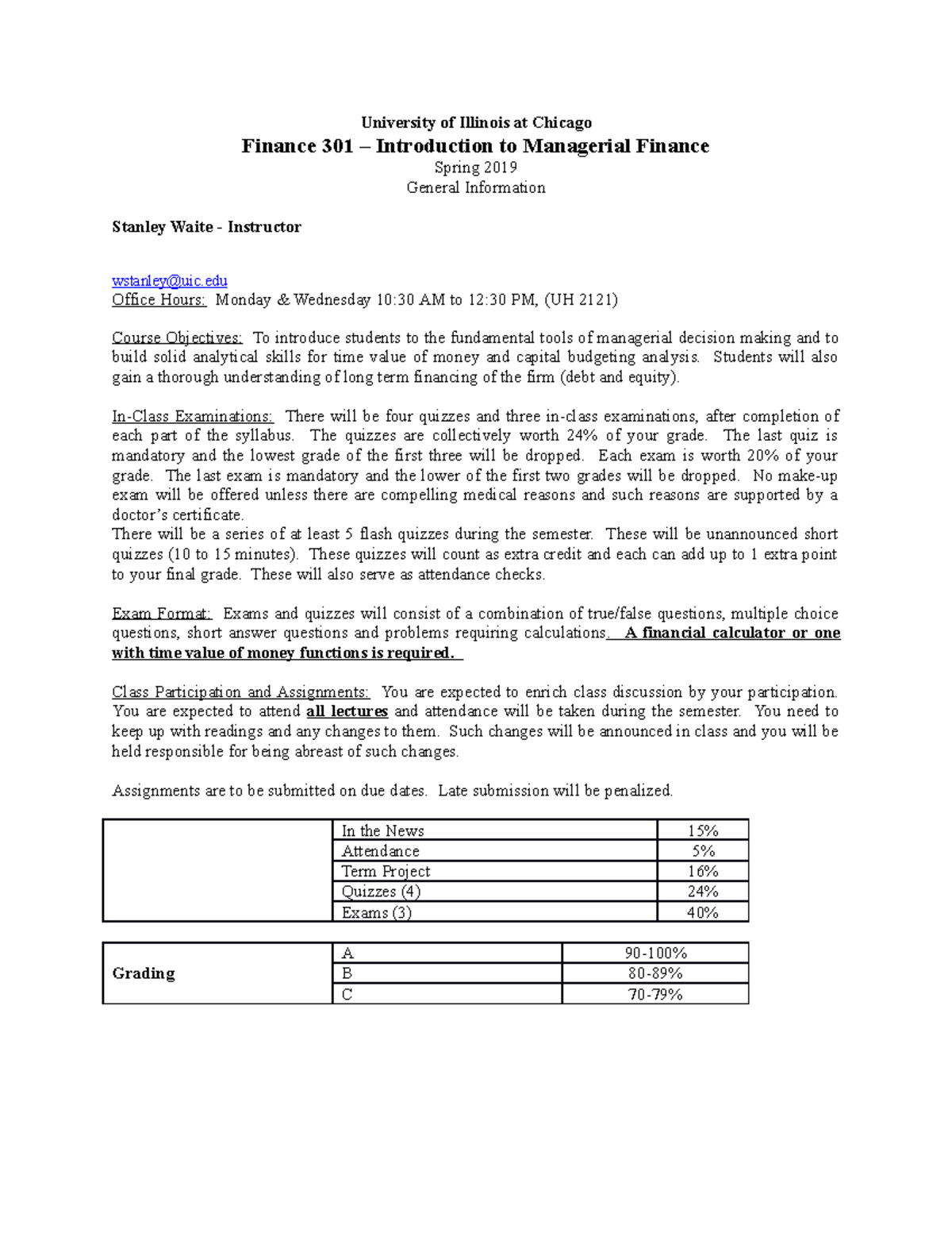 Syllabus FIN 301 Spr 2019 - University of Illinois at Chicago Finance ...