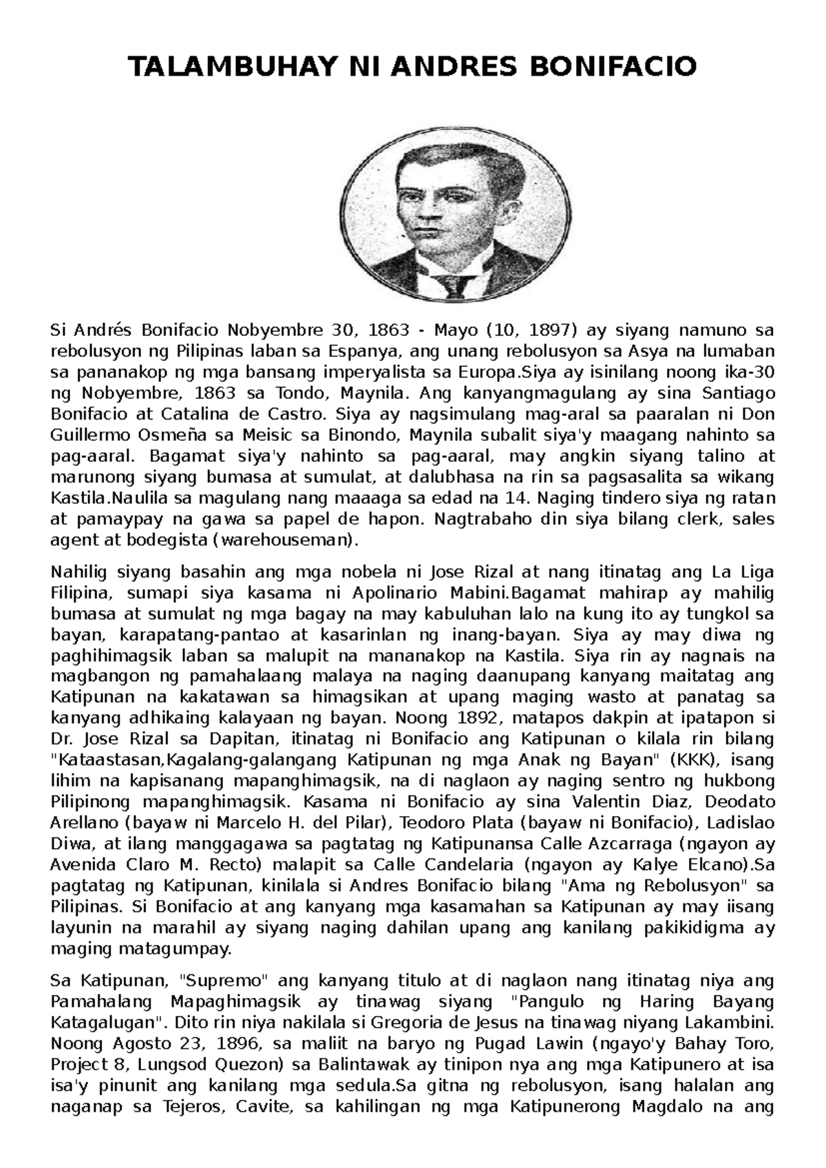 Talambuhay ni Andres Bonifacio: Ama ng Rebolusyon sa Pinas - Studocu