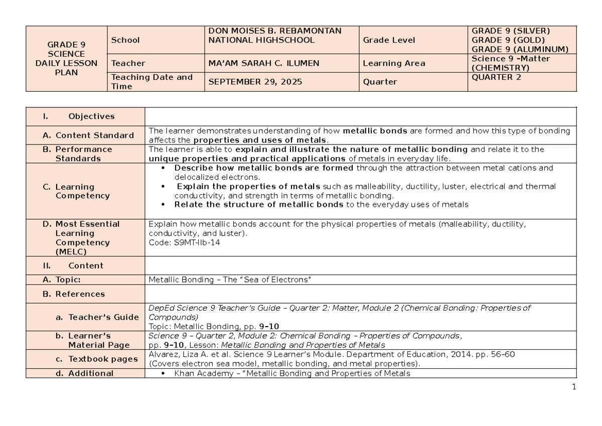 GRADE 9 SCIENCE: Lesson Plan on Metallic Bonding (Quarter 2) - Studocu