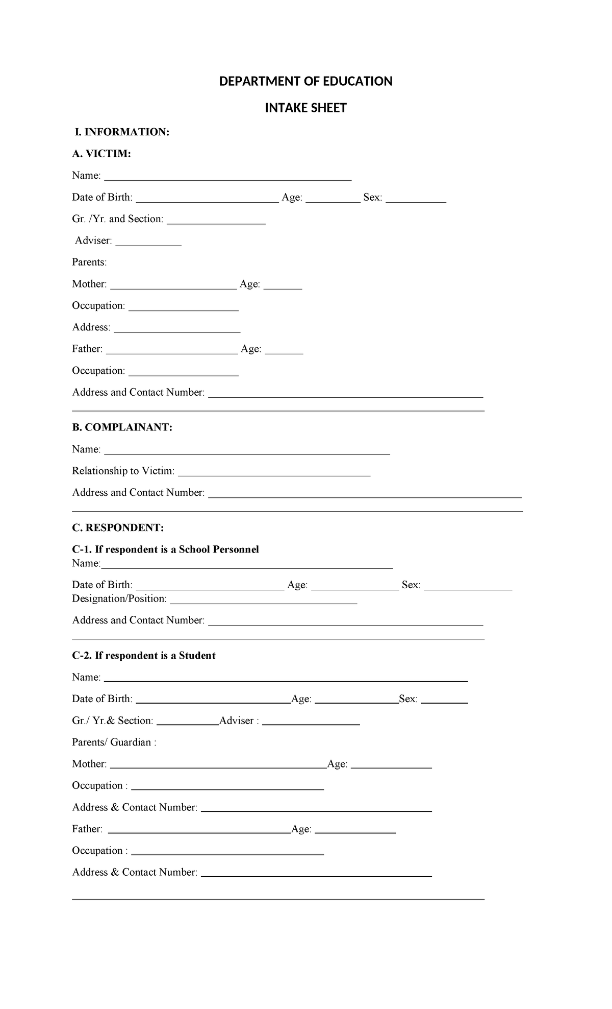 Intake FORM - ka po may grade 2 na may kelangan nito . Benta ko na po ...