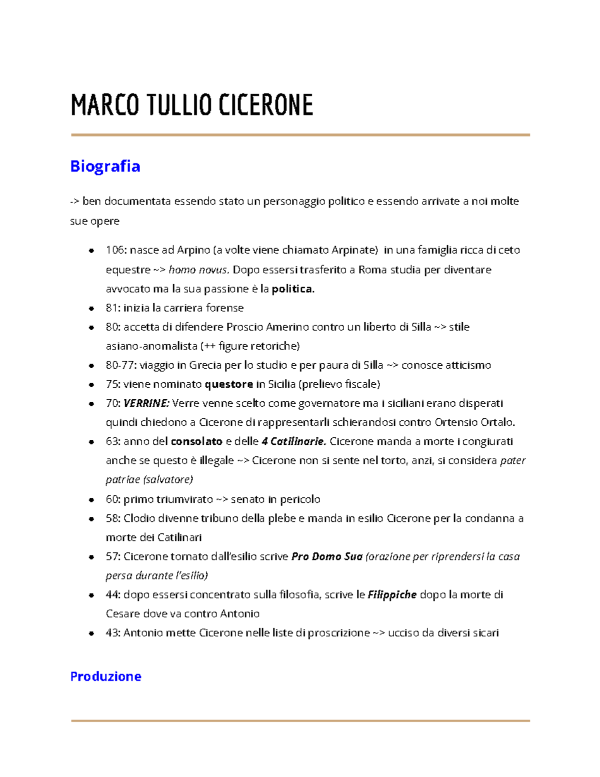 Appunti su Marco Tullio Cicerone: Biografia e Opere (CORSO 106) - Studocu