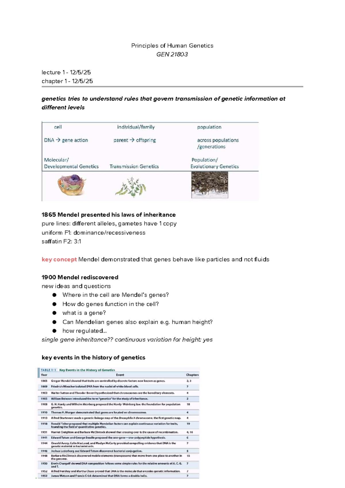 Principles of Human Genetics GEN 21803 Lecture 1: Mendel's Laws & Key ...