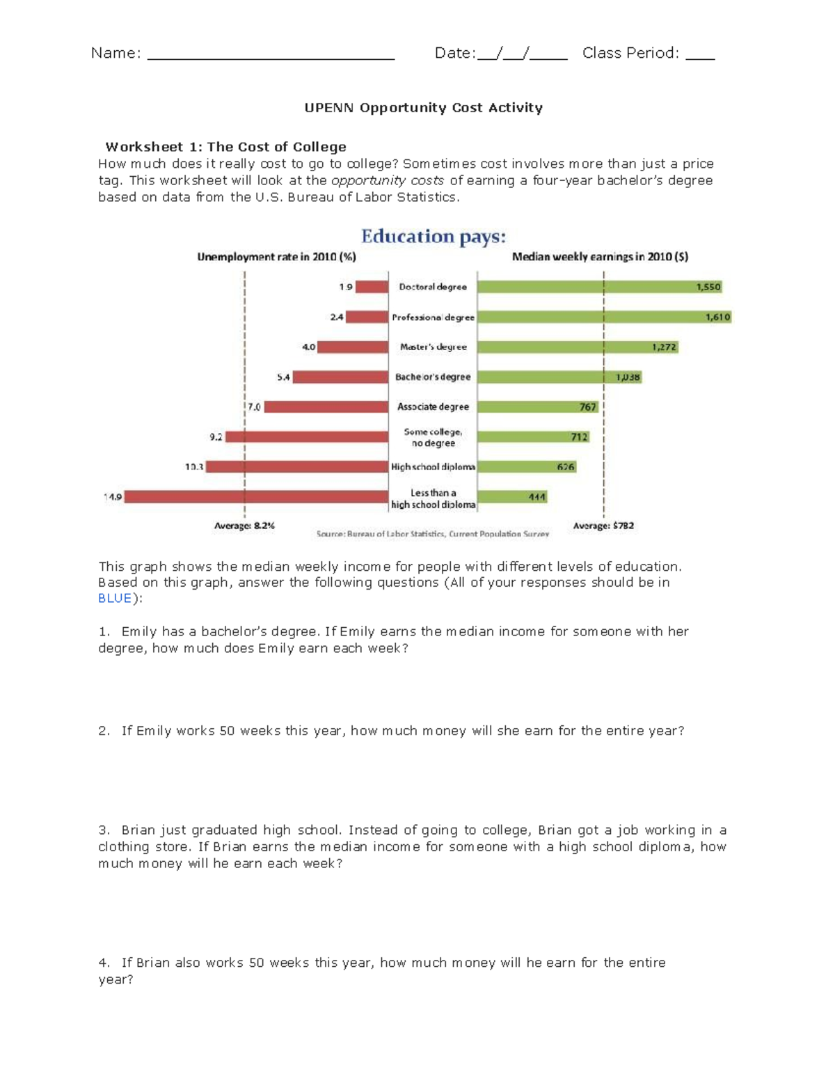 UPENN Opportunity Cost Activity Worksheet: The True Cost of College ...