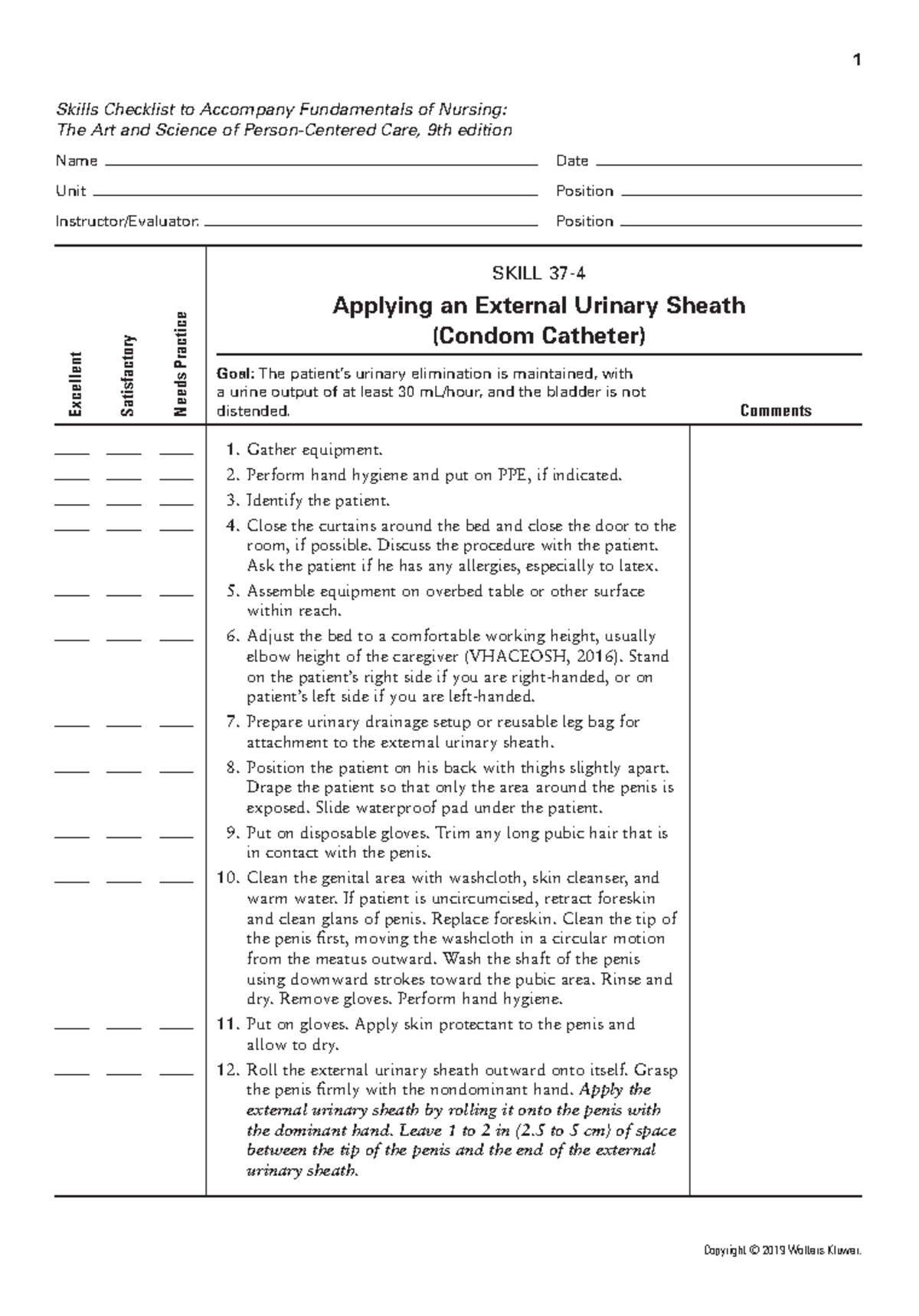 Applying an External Urinary Sheath: Skills Checklist for Nursing - Studocu