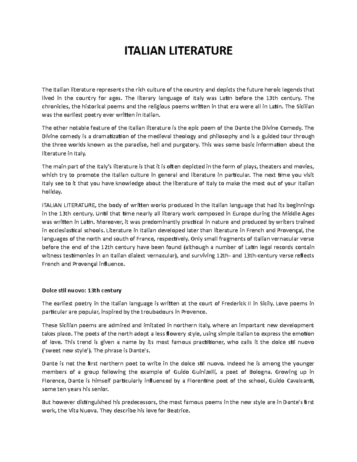 Italian- Literature - The literary language of Italy was Latin before ...