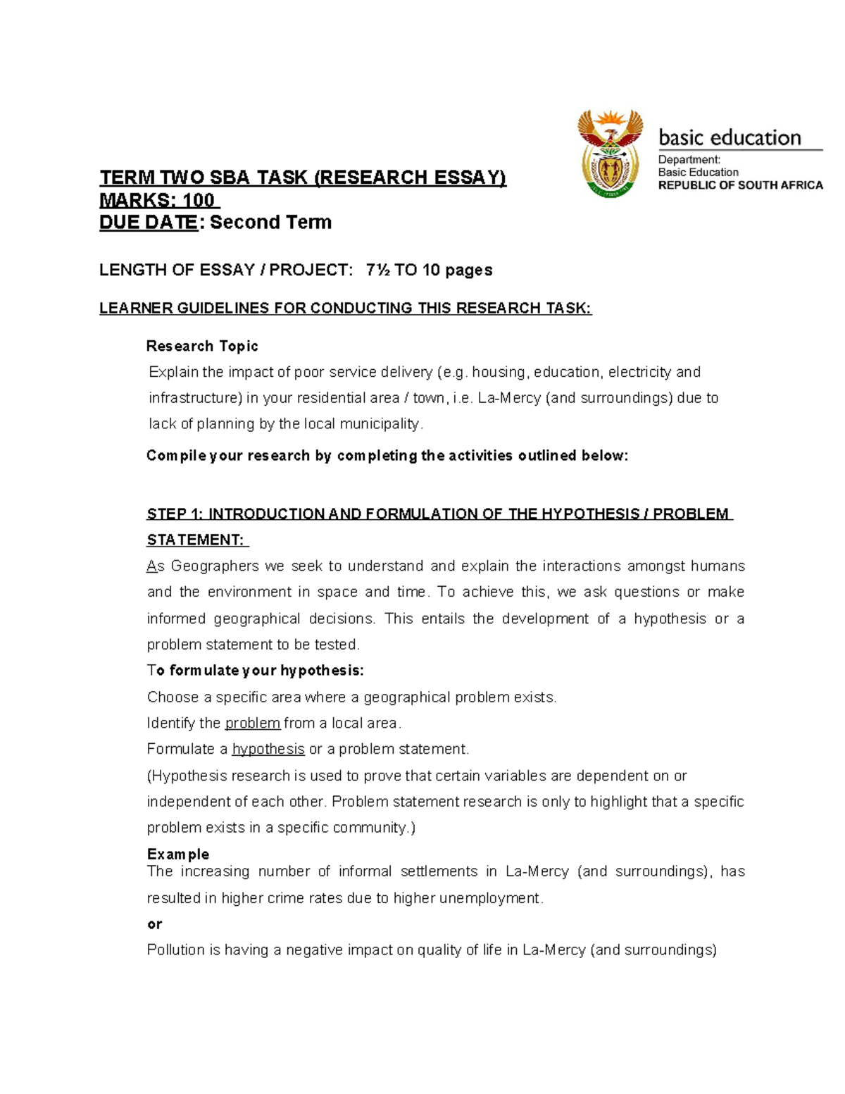 Geography Year 12 Research Essay: Impact of Poor Service Delivery - Studocu