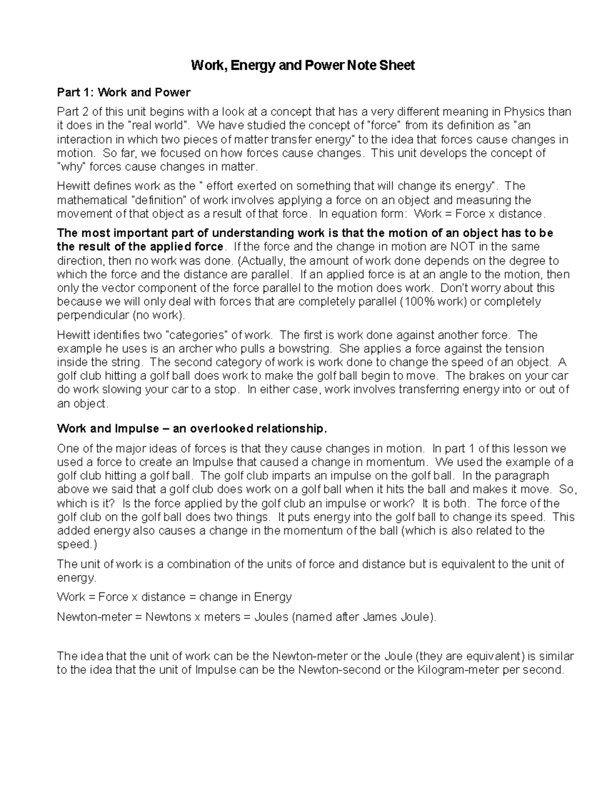 Work, Energy, and Power Notes: Concepts & Calculations (Physics) - Studocu