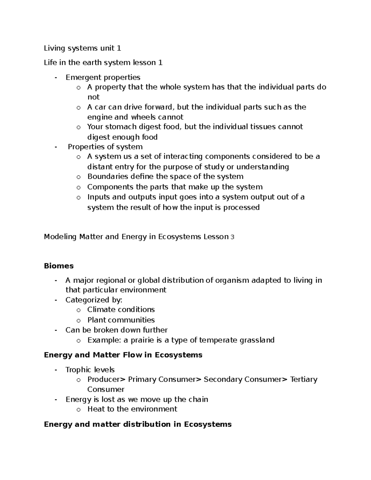 Biology Notes - Living systems unit 1 Life in the earth system lesson 1 ...
