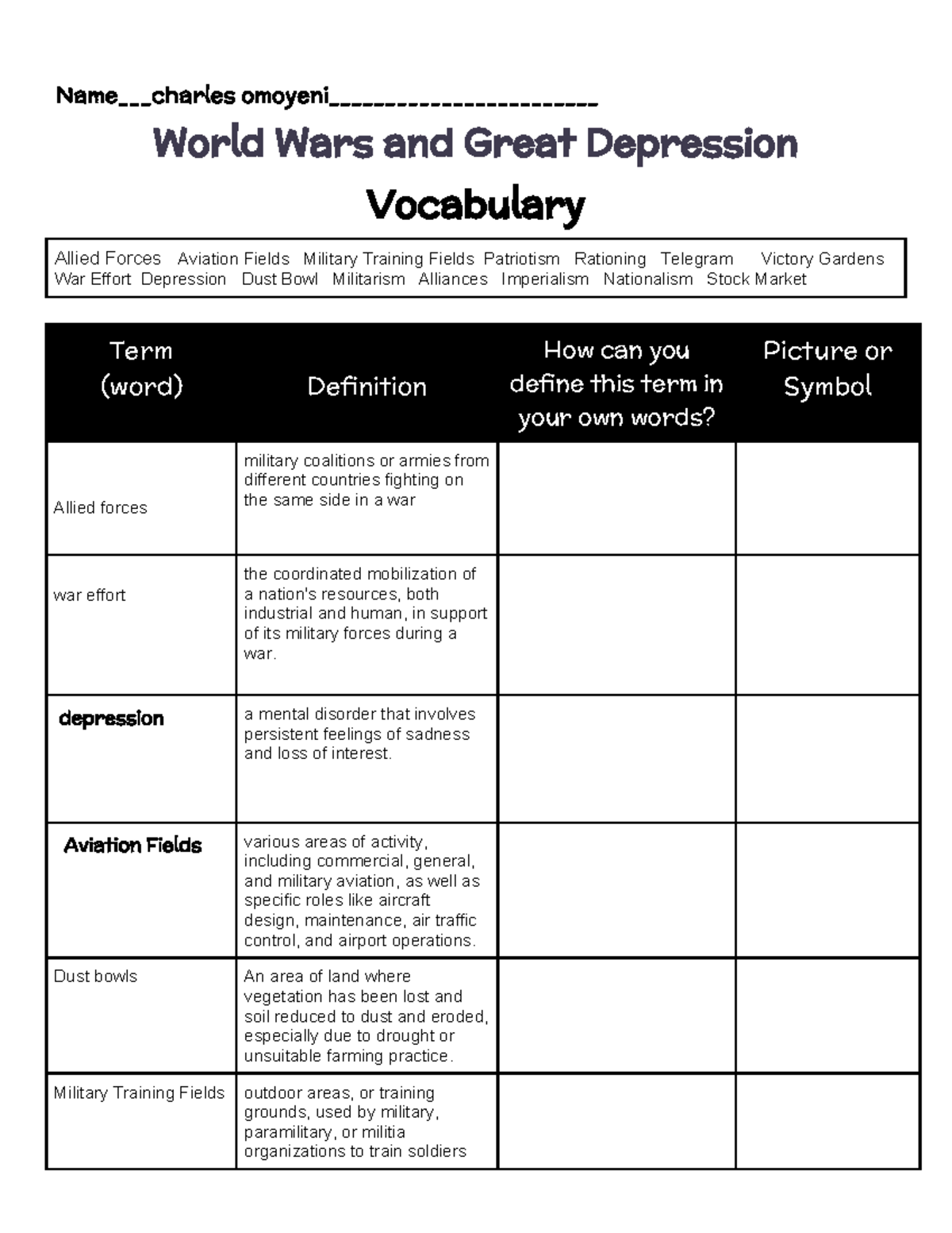 Charles 04.04.25 Day 1 World Wars and Great Depression Vocab - Name ...