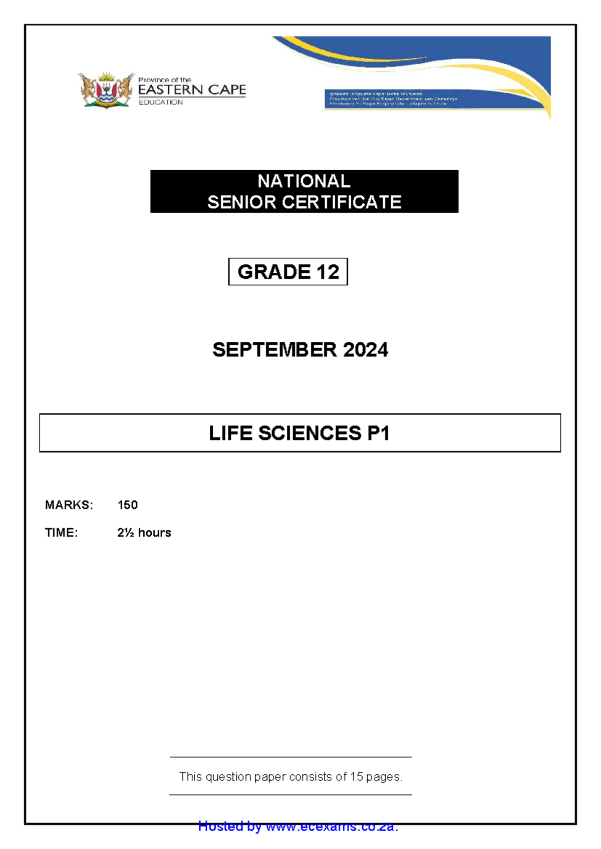 LIFE SCIENCES P1 GRADE 12 SEPTEMBER 2024 QUESTION PAPER - Studocu