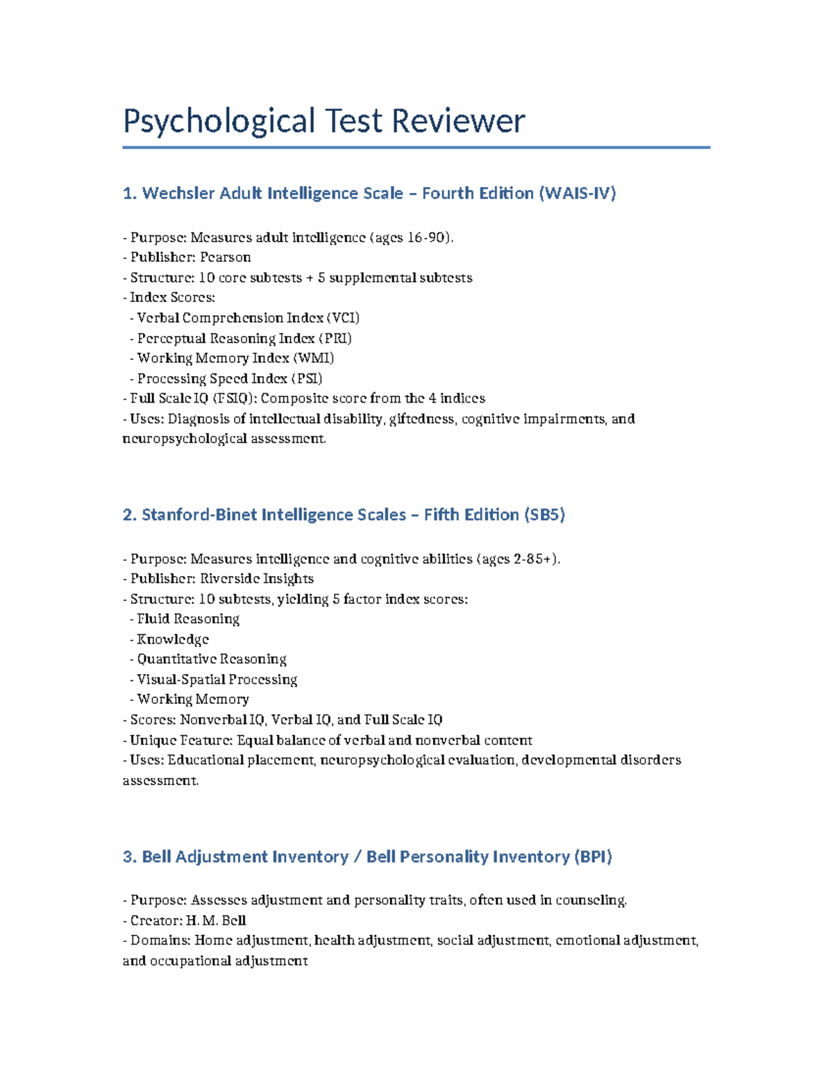 Psychological Test Reviewer: WAIS, SB5, BPI, NEO, MBTI Insights - Studocu