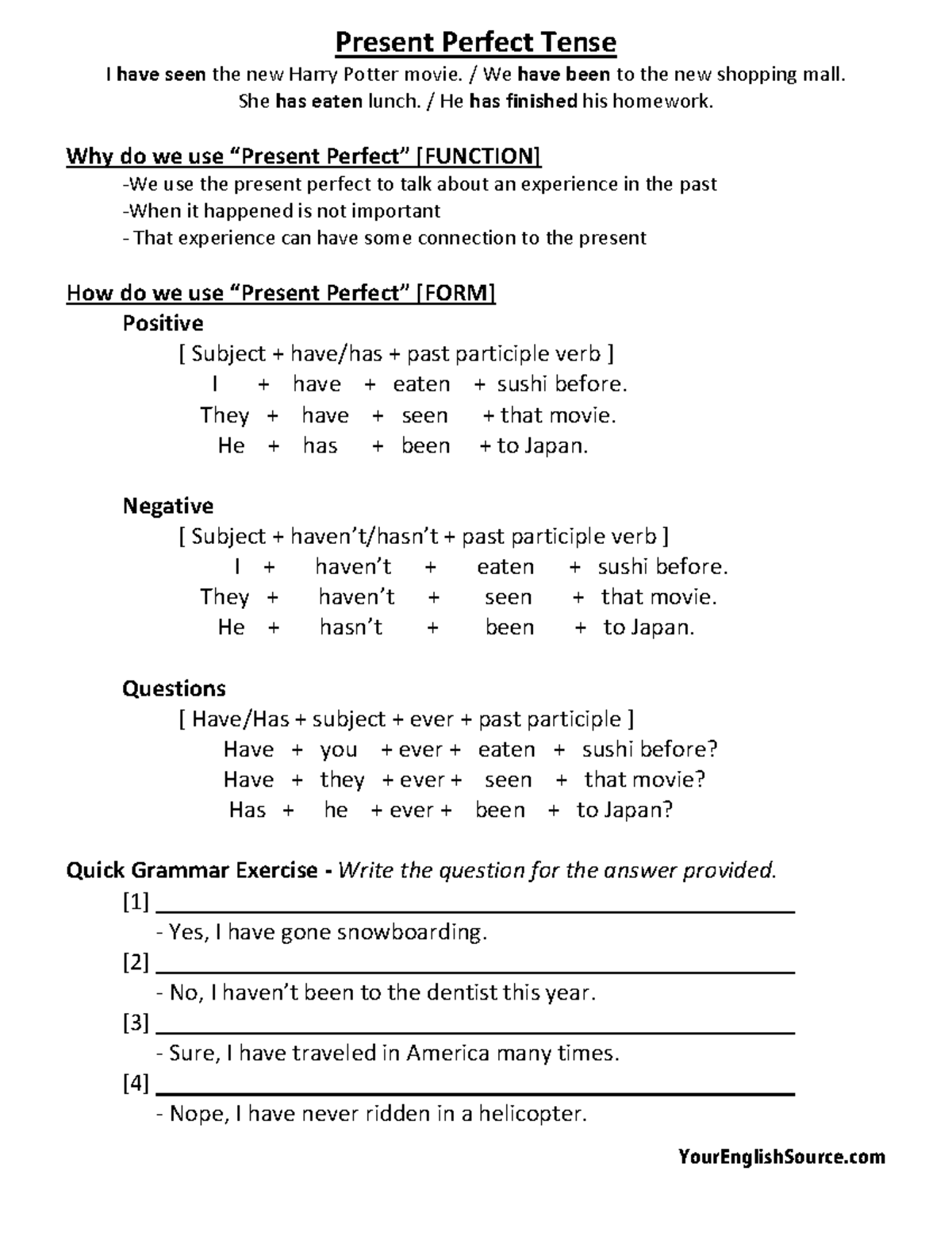 L49-Present Perfect Tense: Usage, Exercises, and Contractions - Studocu