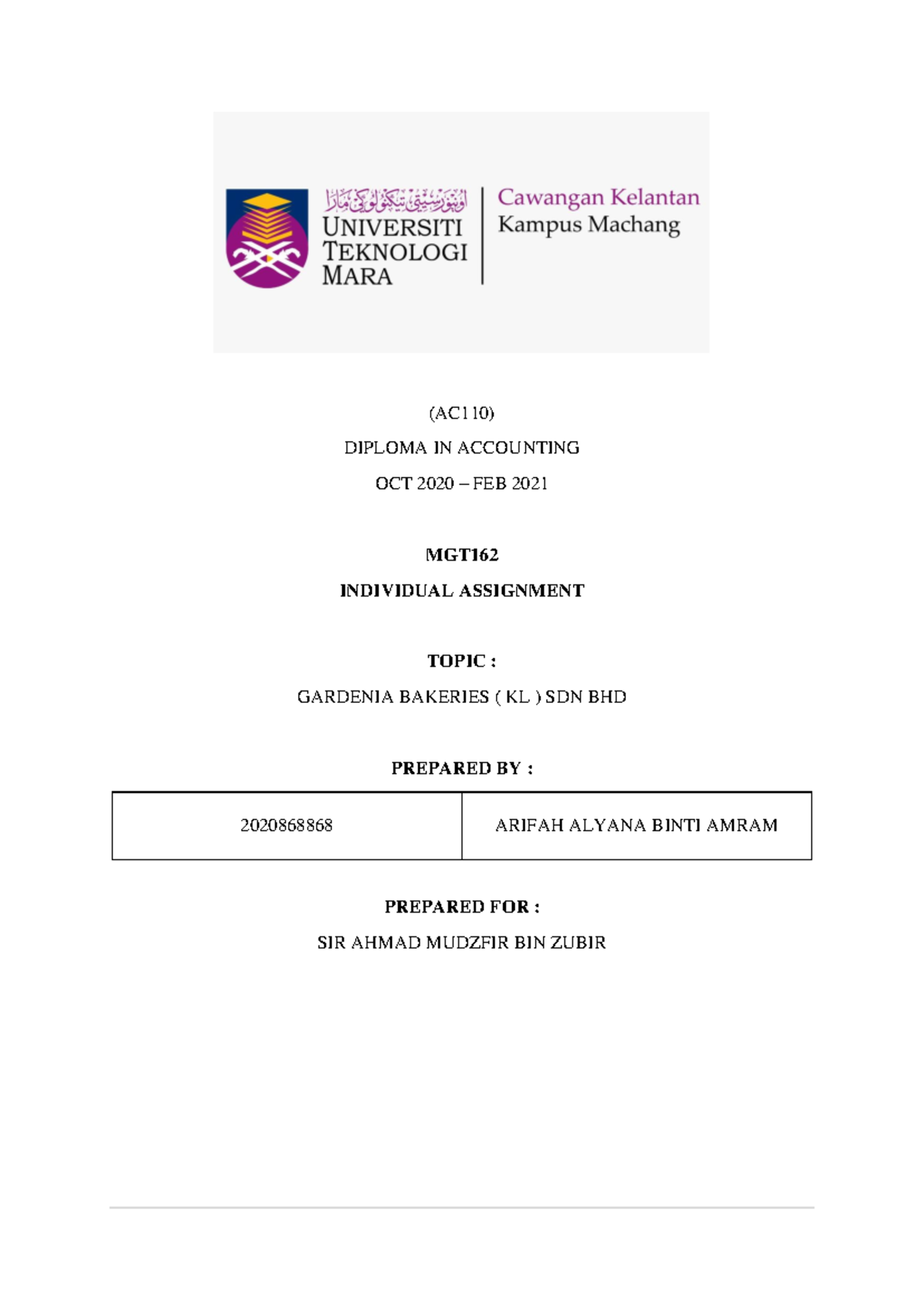 MGT162 ASG Individual - (AC110) DIPLOMA IN ACCOUNTING OCT 2020 – FEB ...