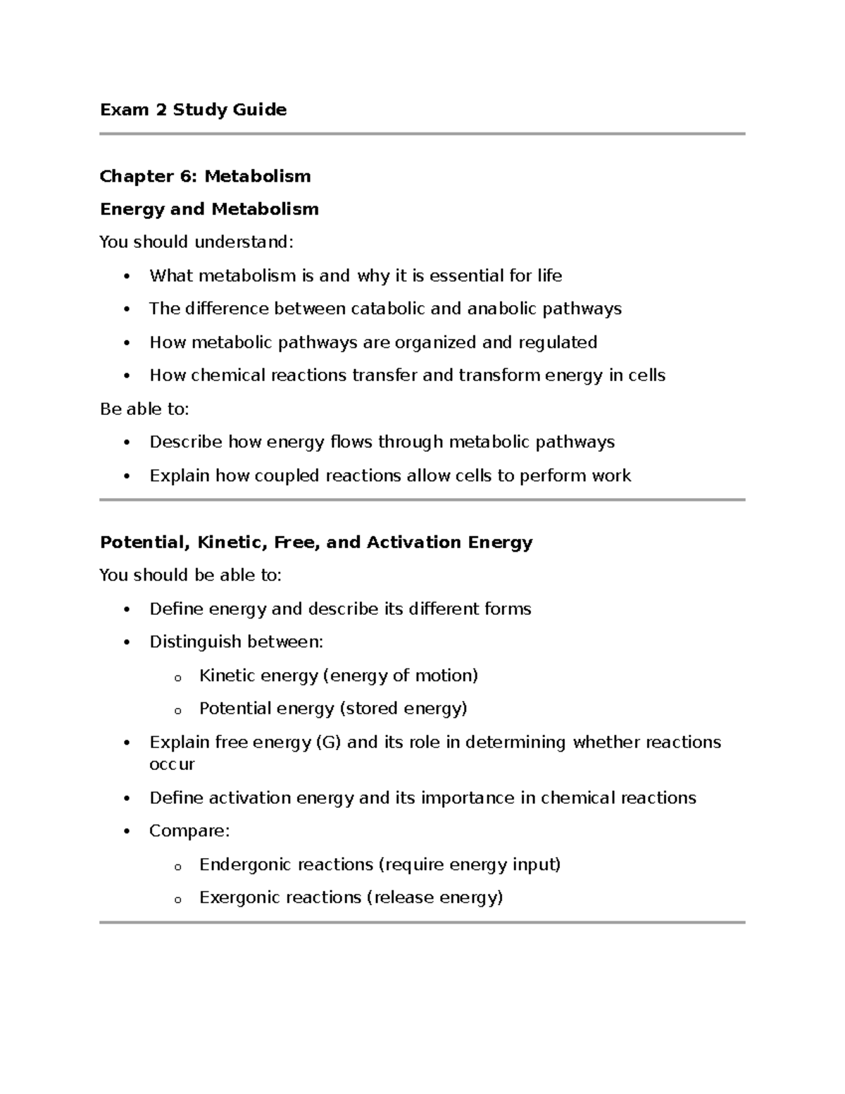 Exam 2 Study Guide: Metabolism, Energy, and Cell Division Concepts ...