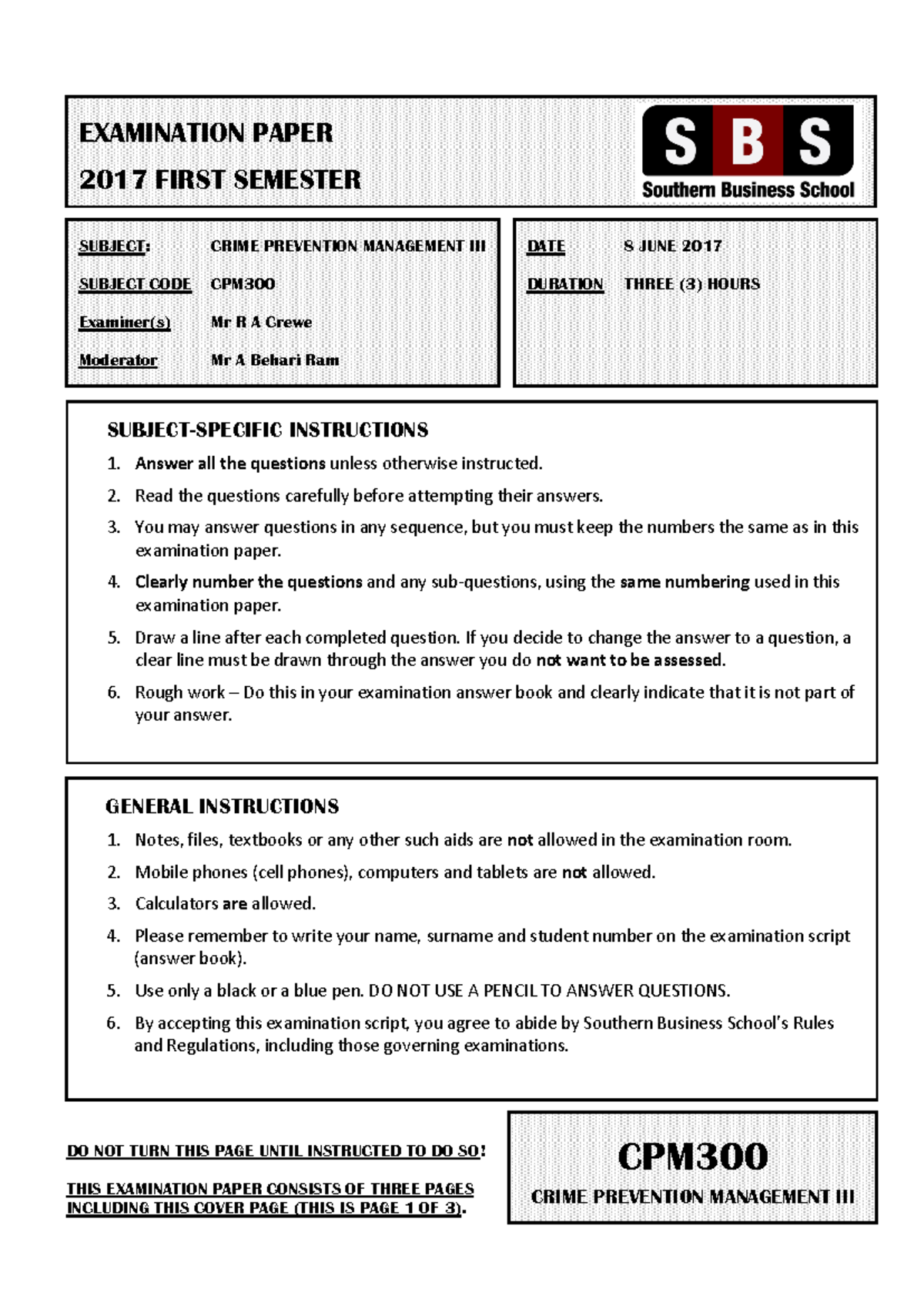 CPM300 2017 1st Sem Exam Paper: Crime Prevention Management - Studocu
