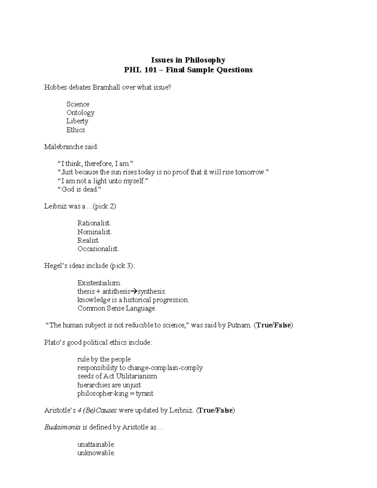 PHL 101 – Final Exam Sample Questions on Key Philosophy Concepts - Studocu