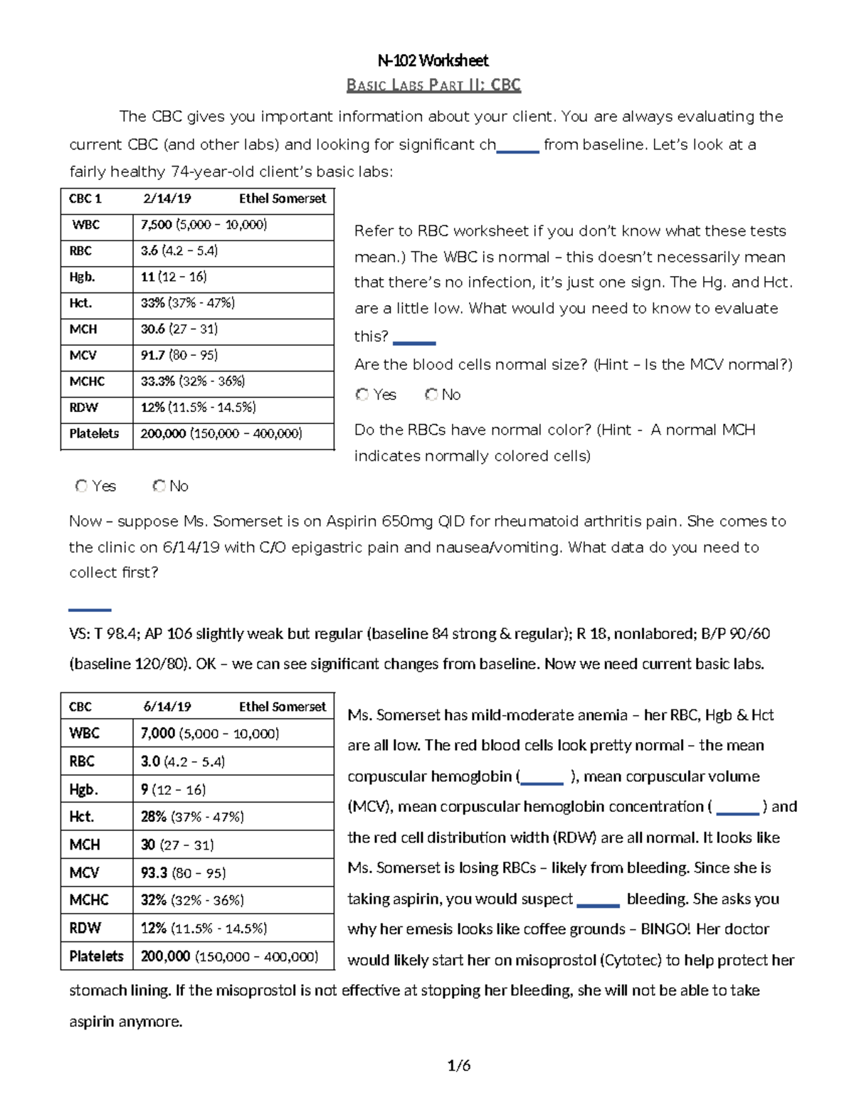 Interpreting Basic Labs (Part II) CBC Worksheet B EF August 2022 - Studocu