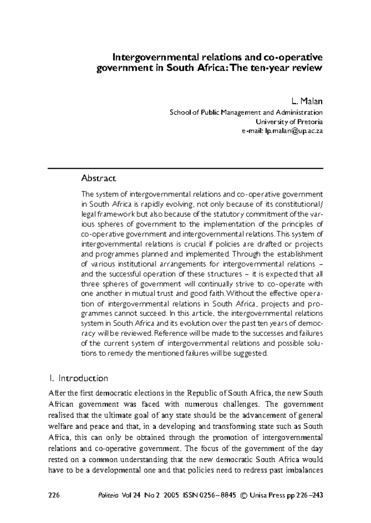 Intergovernmental Relations and Governance in South Africa: A Review ...