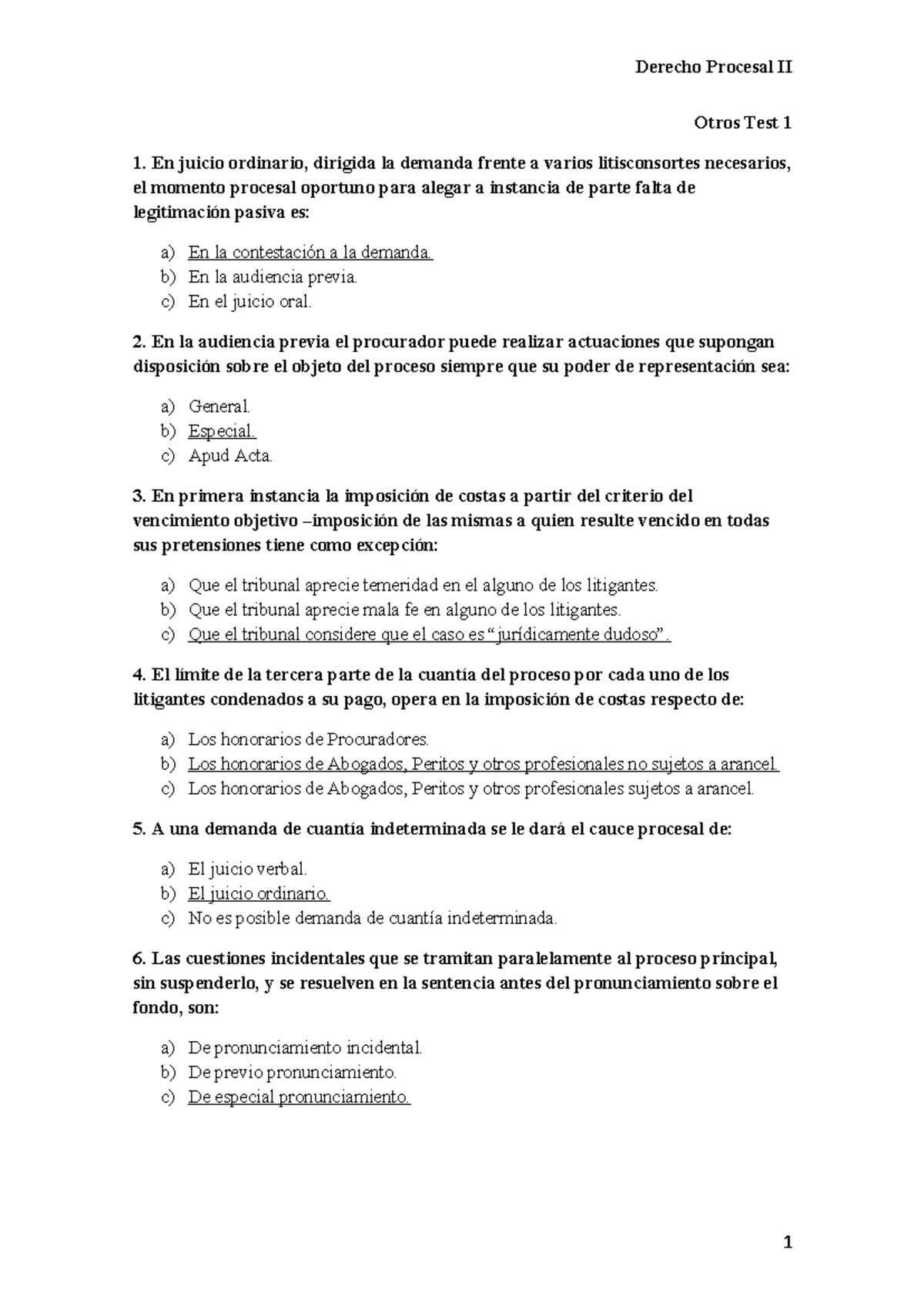 Derecho Procesal II - Otros Test 1 y 2: Preguntas y Respuestas - Studocu