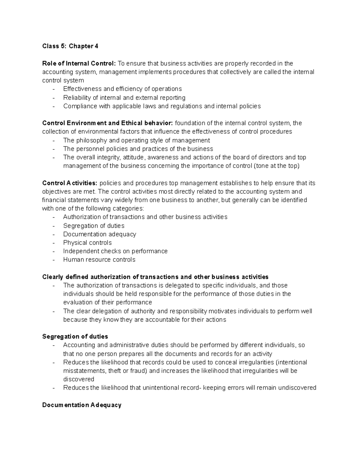 MGT201: Chapter 4 - The Role of Internal Control in Accounting - Studocu