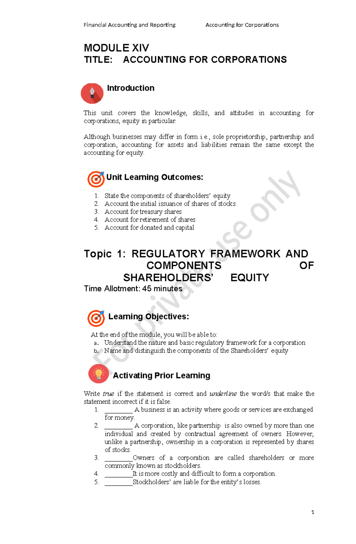 Module 14 Accounting for corporations - MODULE XIV TITLE: ACCOUNTING ...