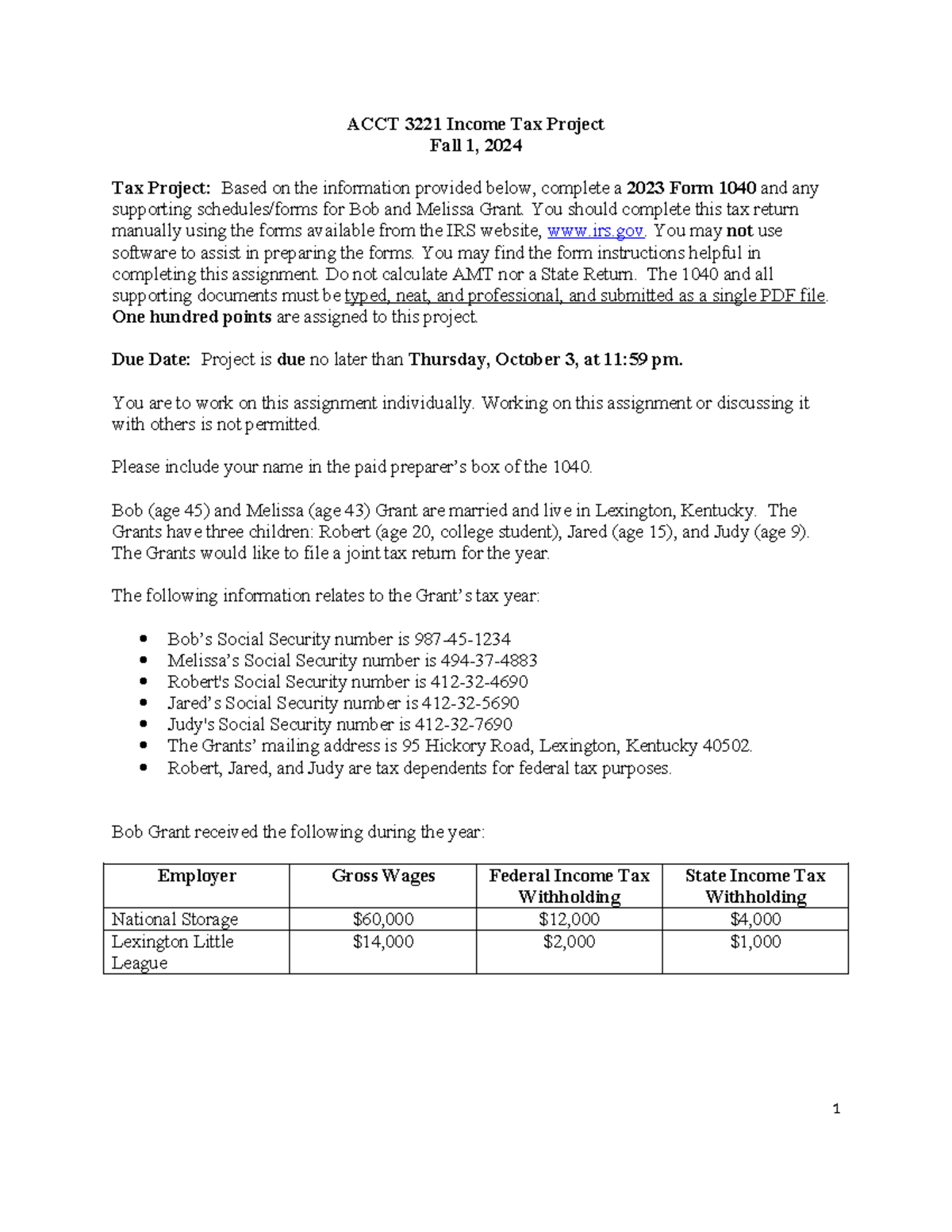 1040 Tax Project Fall 1 2024 - ACCT 3221 Income Tax Project Fall 1 ...