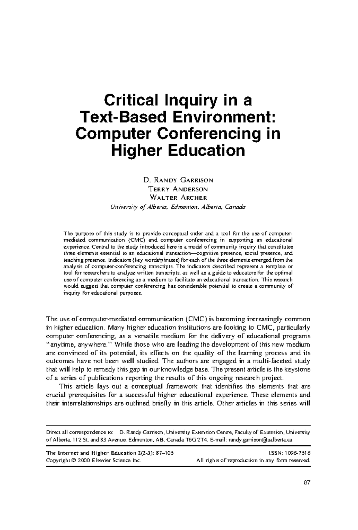 Critical Inquiry in a CMC Environment: A Community of Inquiry Model ...