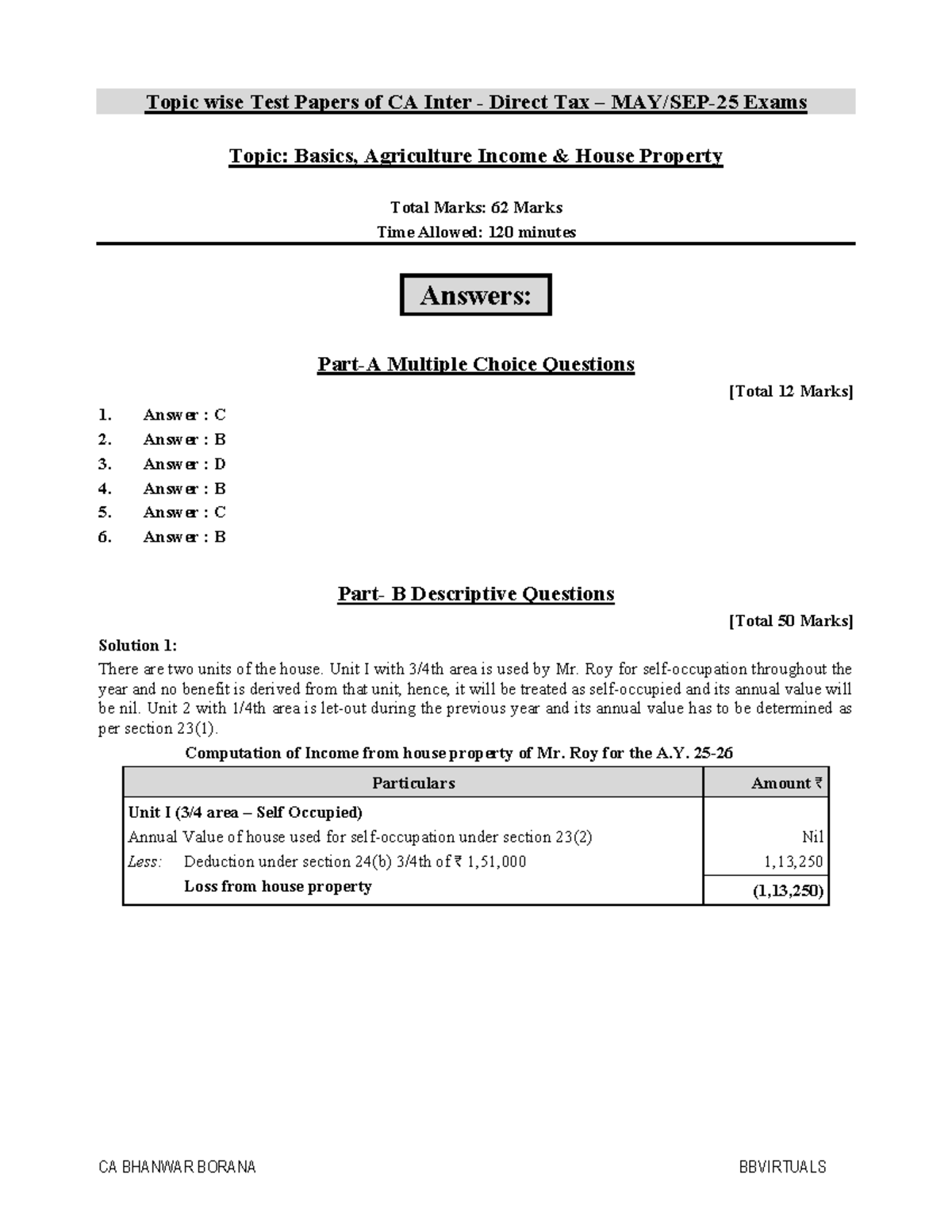 CA Inter Direct Tax Exam Test Papers: Basics & House Property Solutions ...