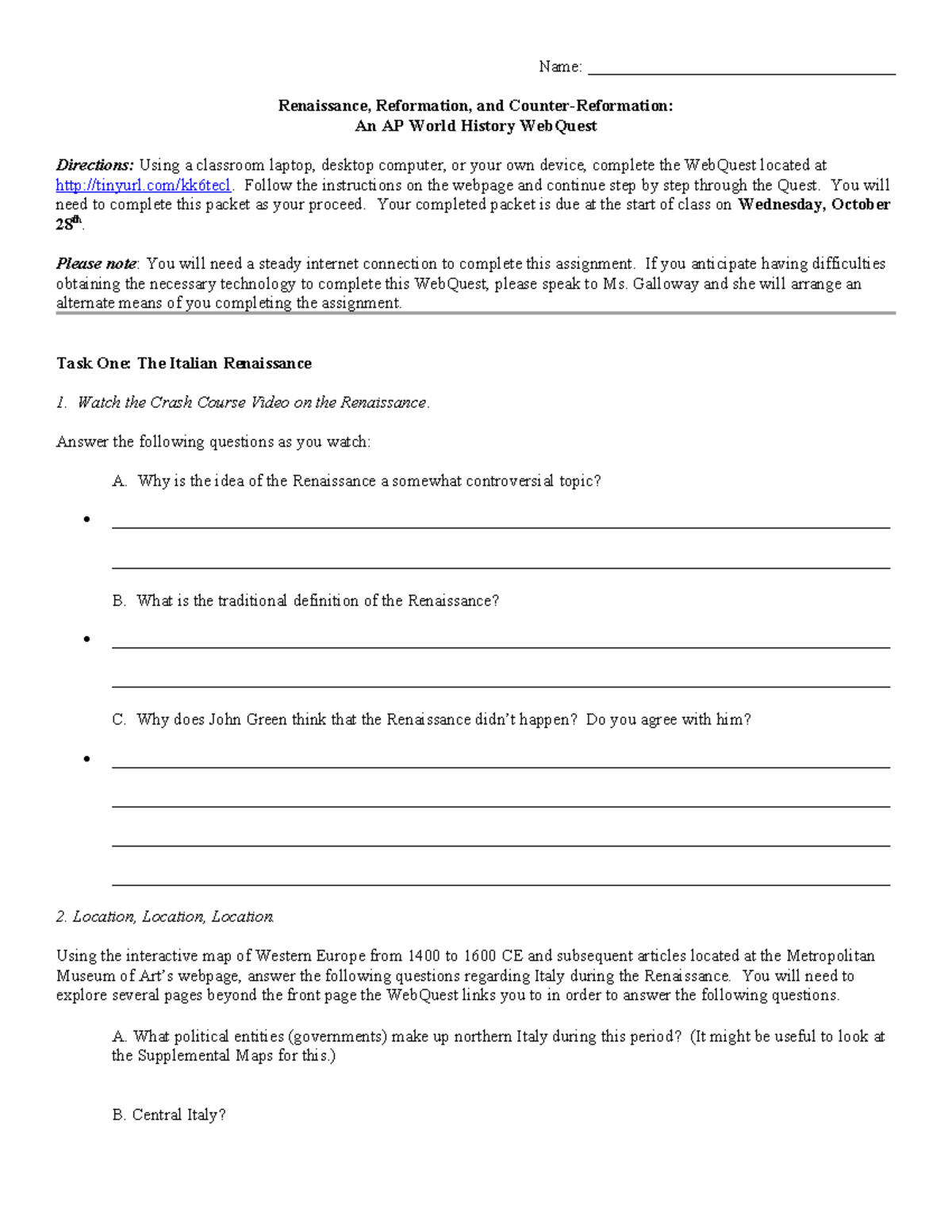 AP World History WebQuest: Renaissance & Reformation Student Packet ...