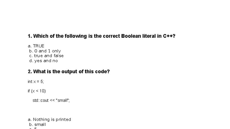 Group 5 - Mini Test Questions on Boolean Logic and Conditionals - Studocu
