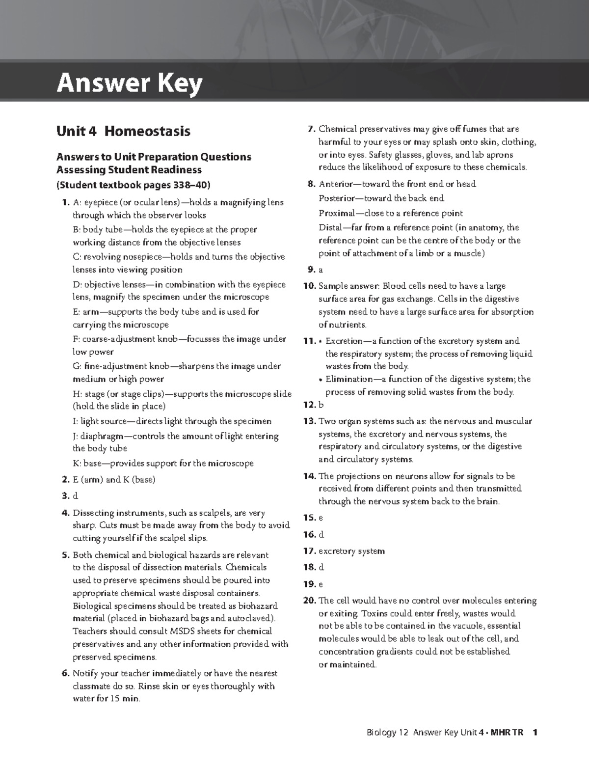 Biology 12 Unit 4 Homeostasis Answer Key & Review Guide - Studocu