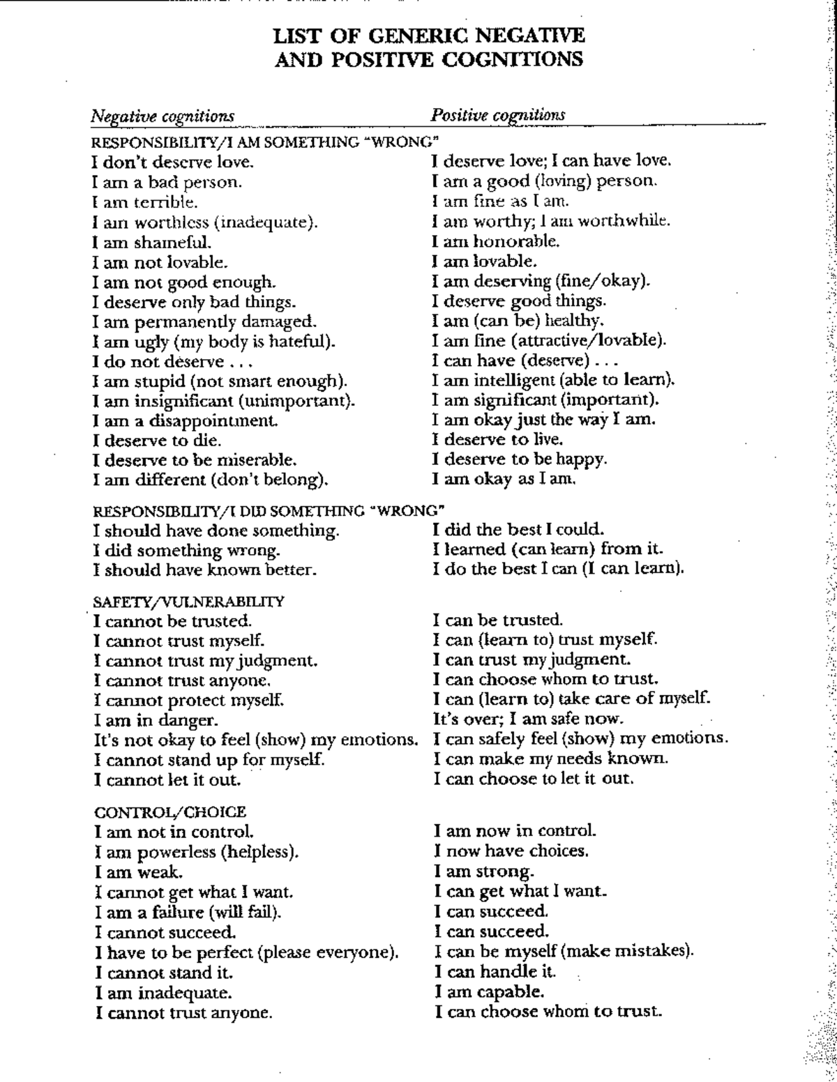 15. EMDR Cognitions: List of Positive and Negative Beliefs - Studocu