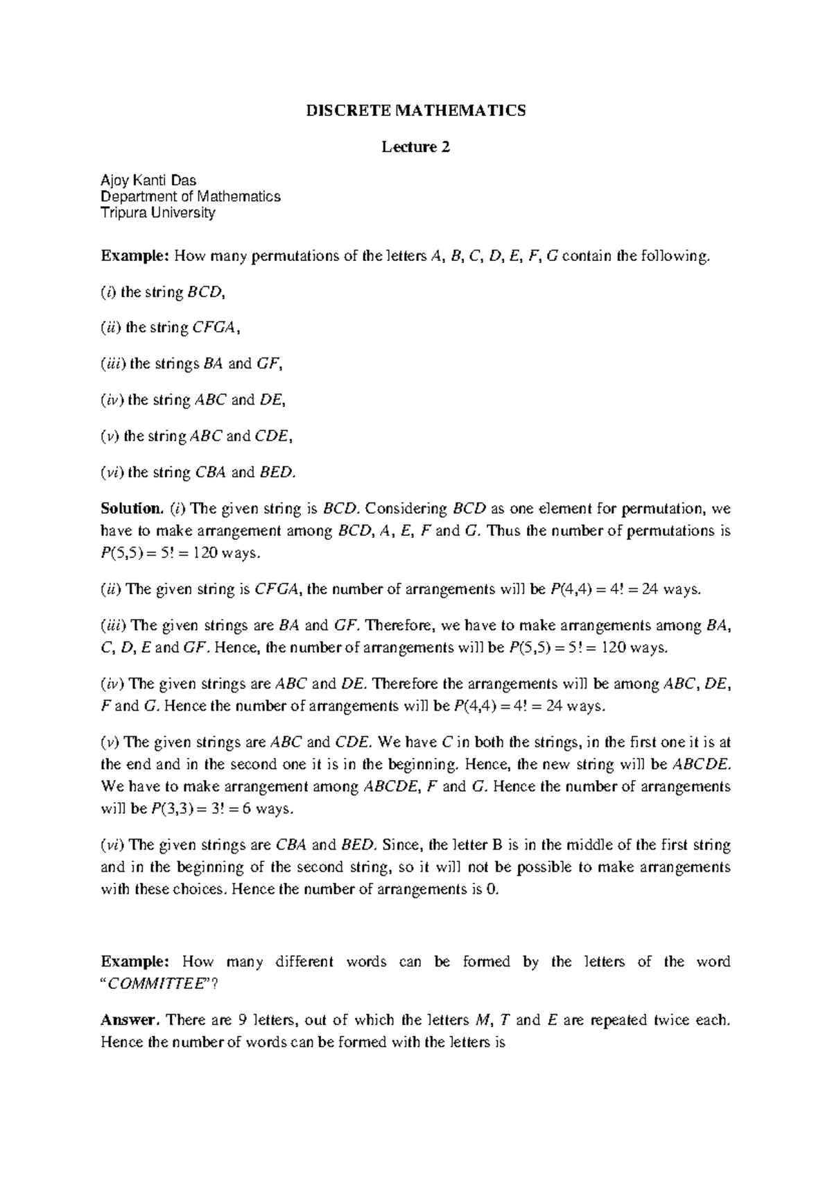 1 DISCRETE MATHEMATICS Lecture 2 Notes on Permutations and Recurrence ...