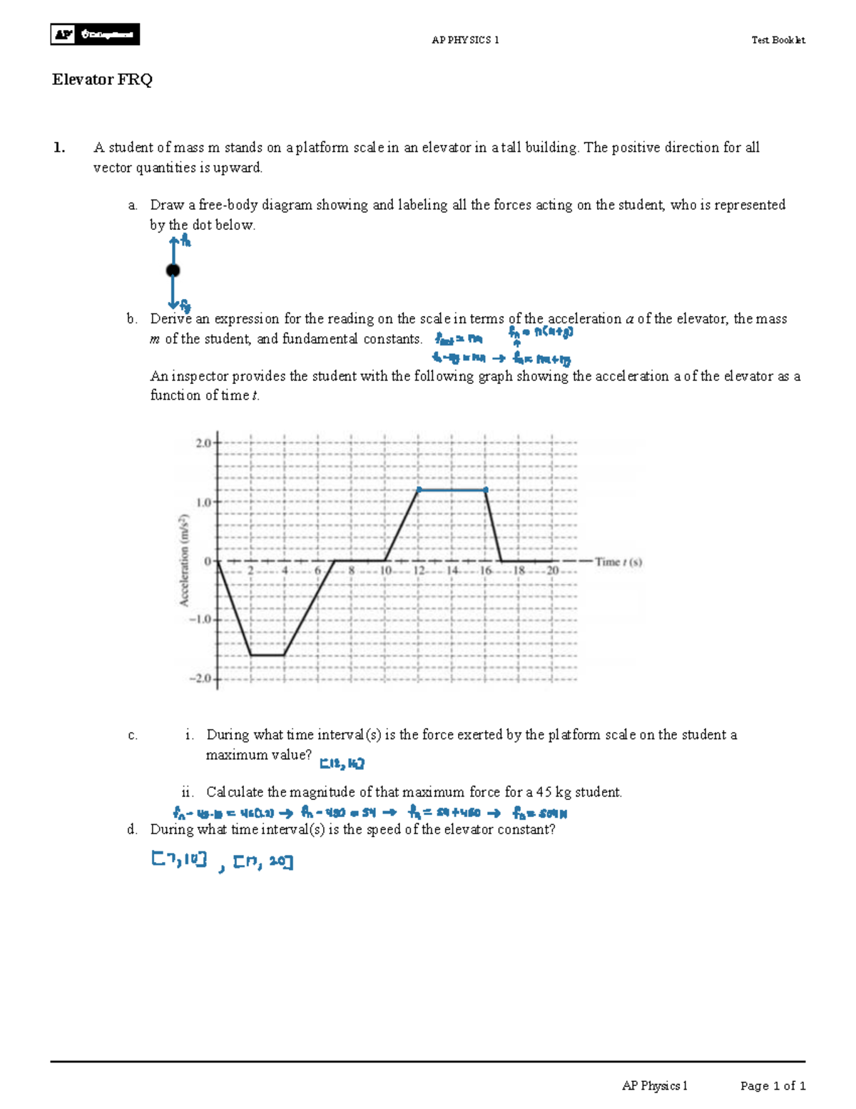 AP PHYSICS 1 Test Booklet: Elevator Forces FRQ Analysis - Studocu