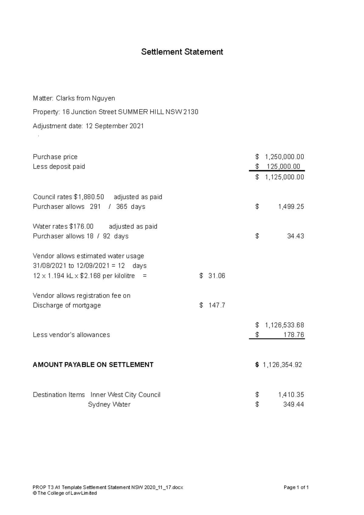 PROP T3 A1 Template Settlement Statement NSW - 200018 - UWS - Studocu
