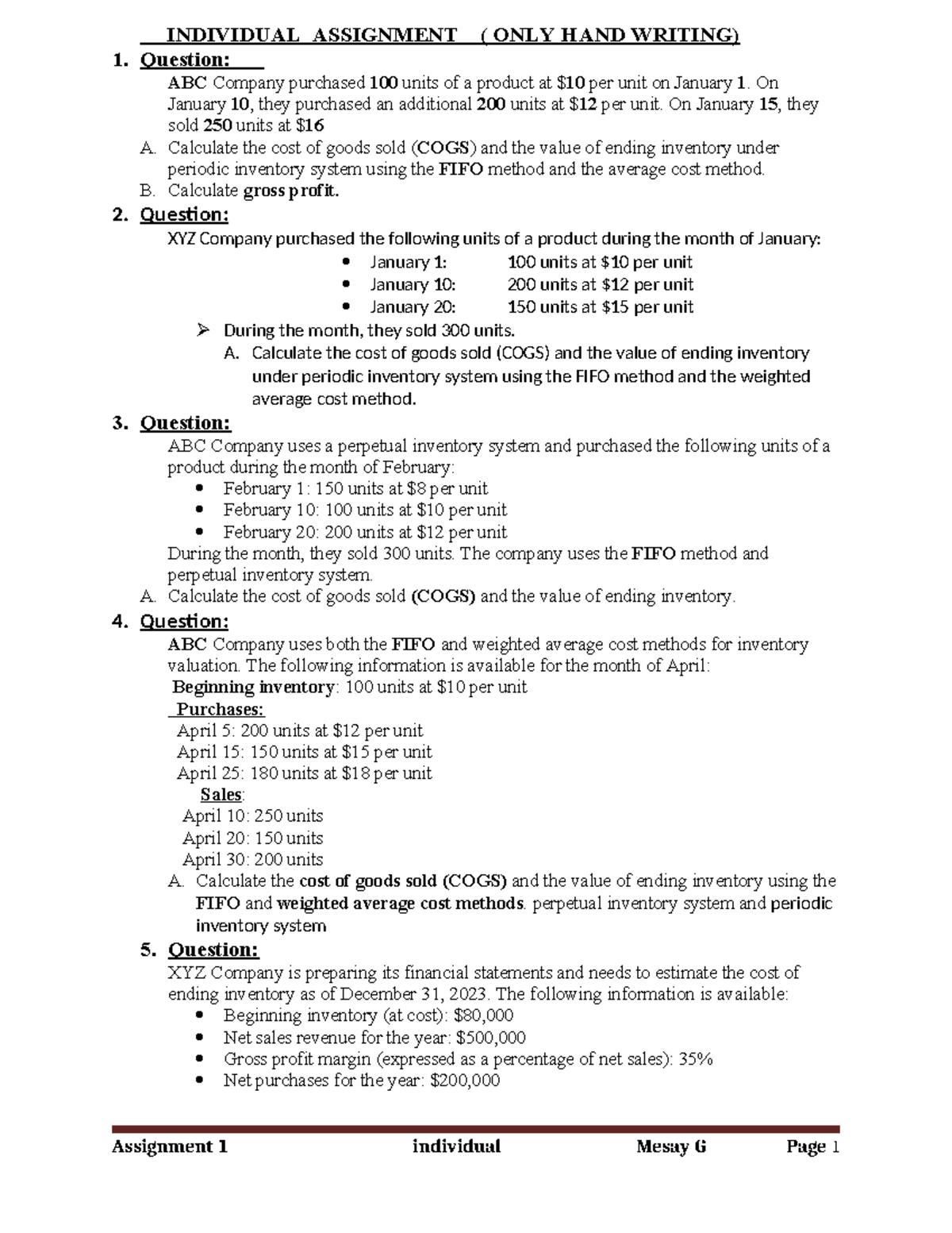 Final FA 1 Assignment: Inventory Valuation Methods and COGS Analysis - Studocu