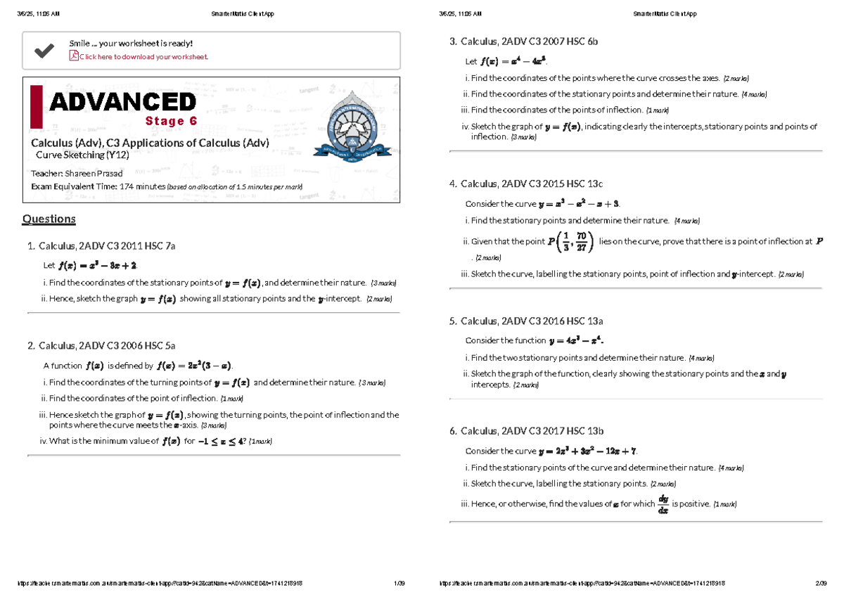 Calculus- Curve sketching Smarter Maths - 1. Calculus, 2ADV C3 2011 HSC ...