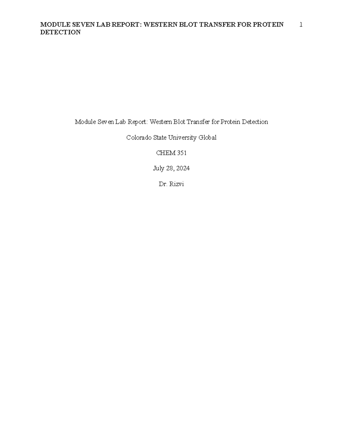 CHEM351 Module 7 Lab Report: Western Blot Protein Detection Analysis ...