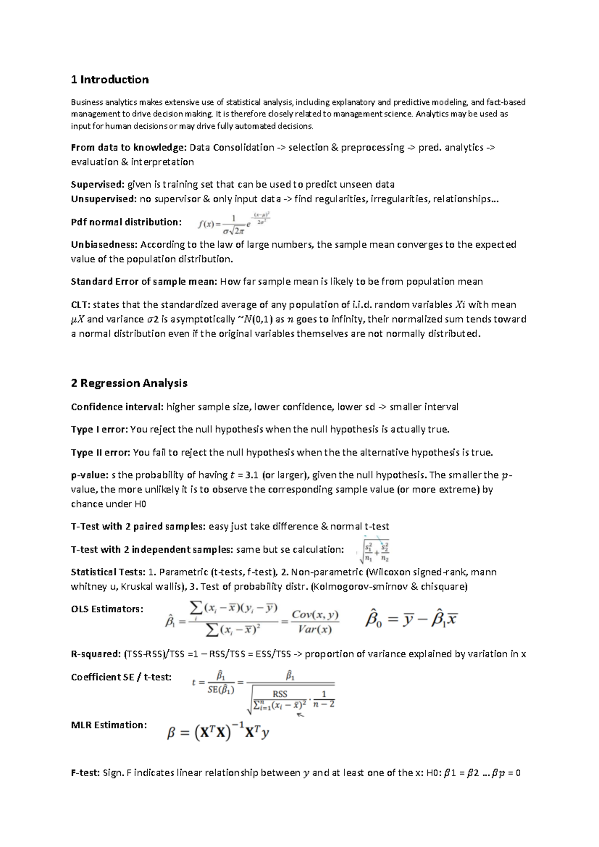 BAML: Key Formulas in Business Analytics and Machine Learning - Studocu