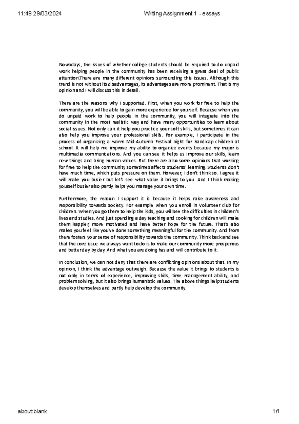 Writing Assignment 1 - Essays on Community Service Benefits - Studocu