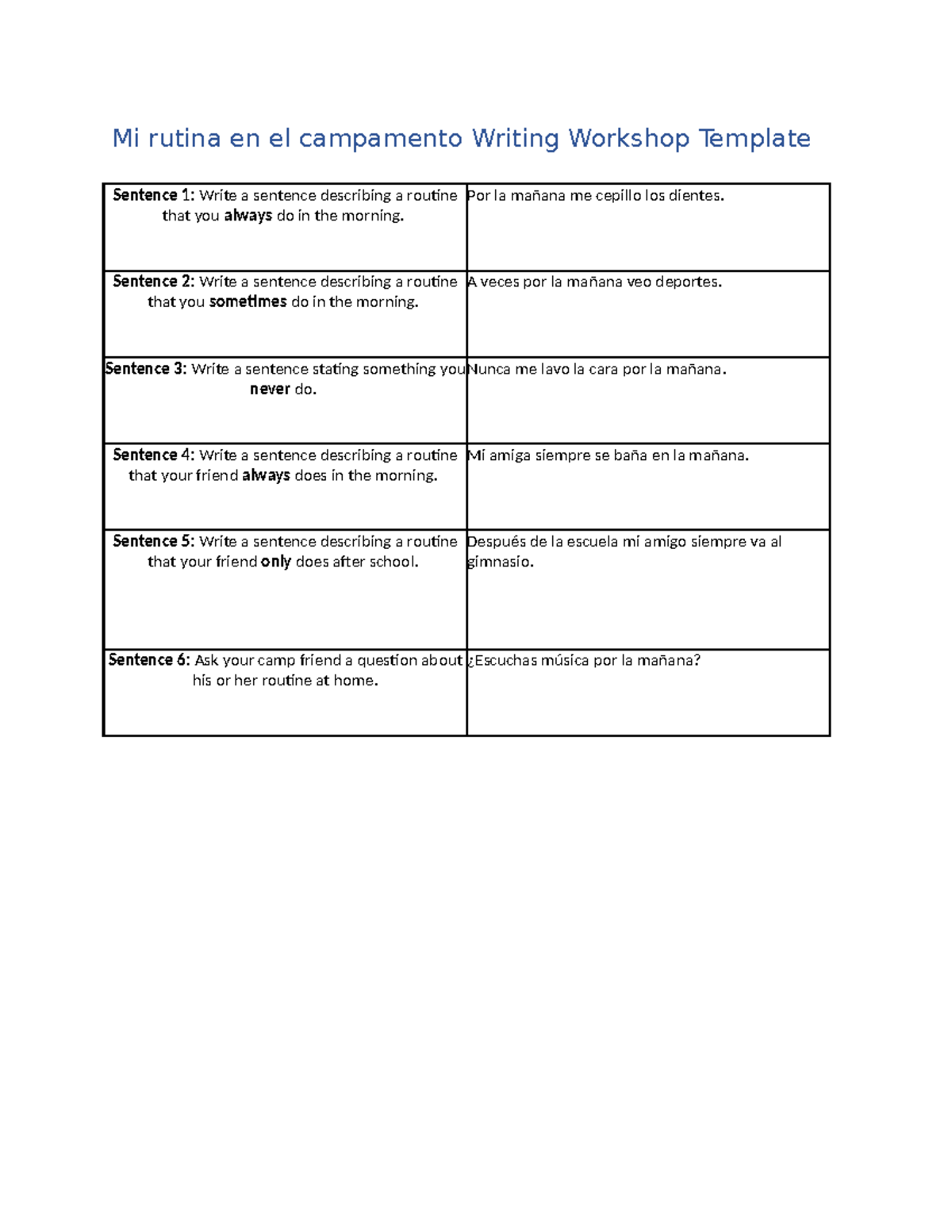 Mi rutina en el campamento: Writing Workshop Template - Studocu