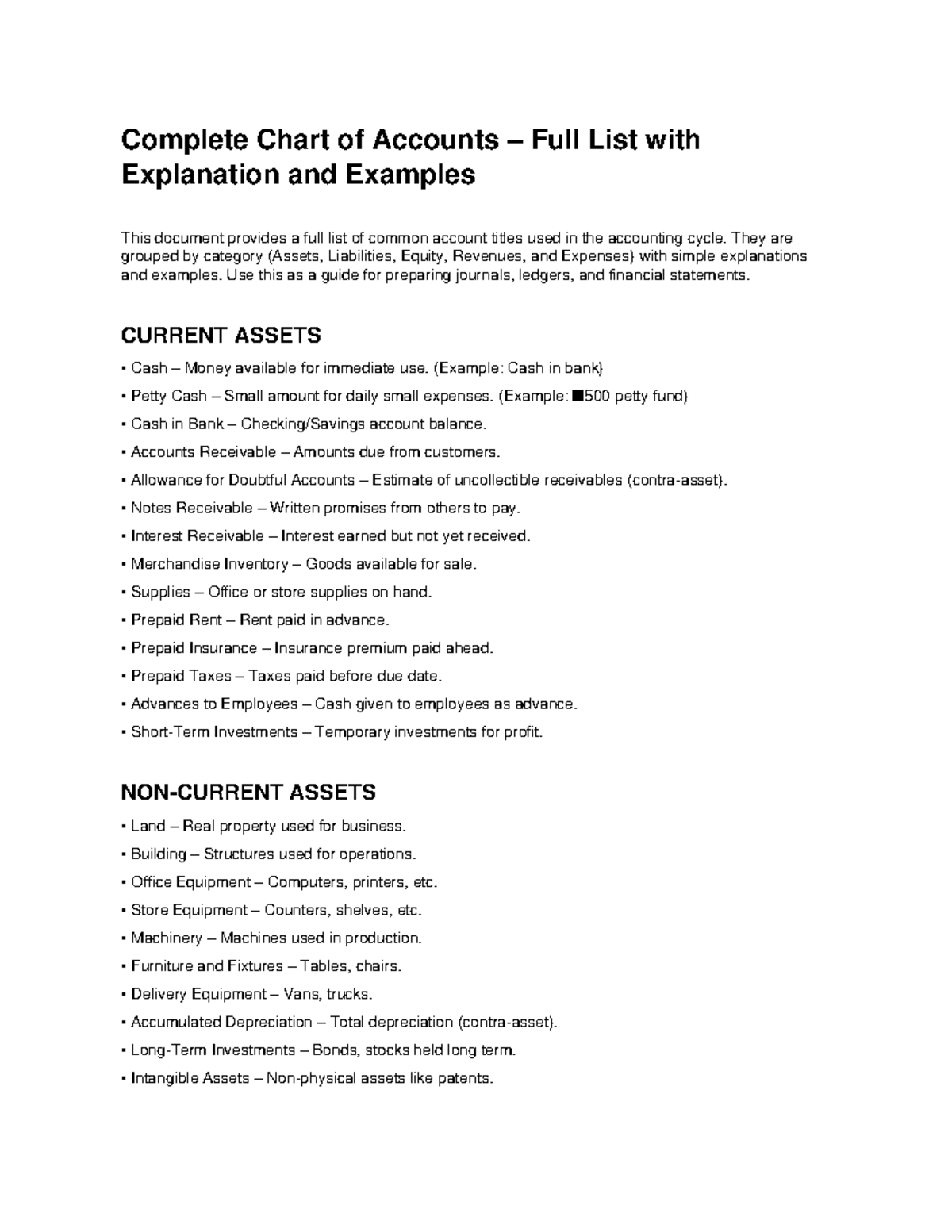 Comprehensive Chart of Accounts: Full List & Examples - Studocu