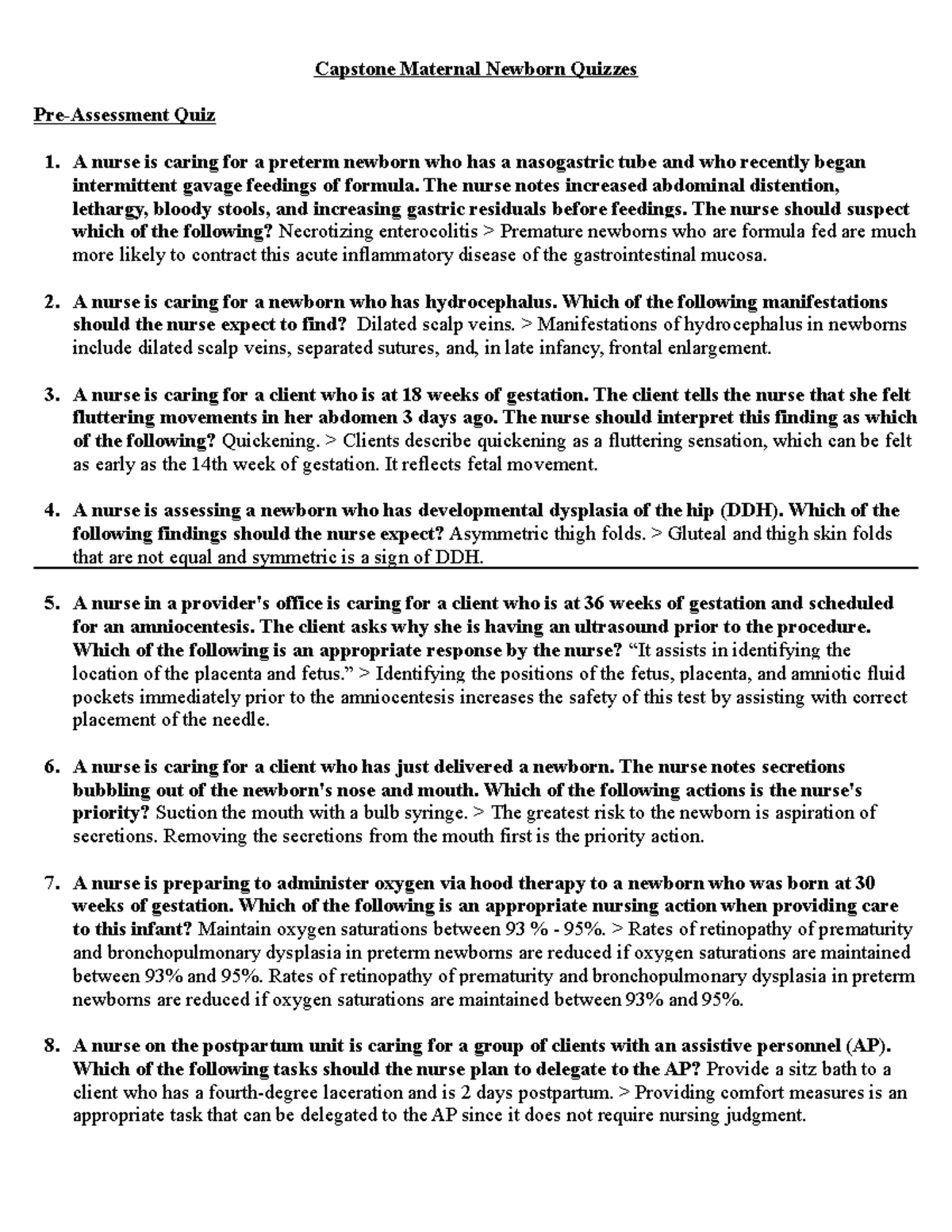 Capstone Maternal Newborn Final Exam Quiz Questions and Answers - Studocu