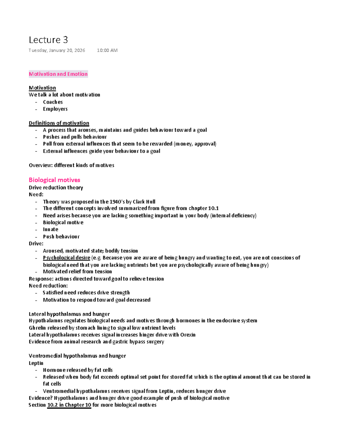 Lecture 3: Motivation and Emotion Overview - PSY 101 Notes - Studocu