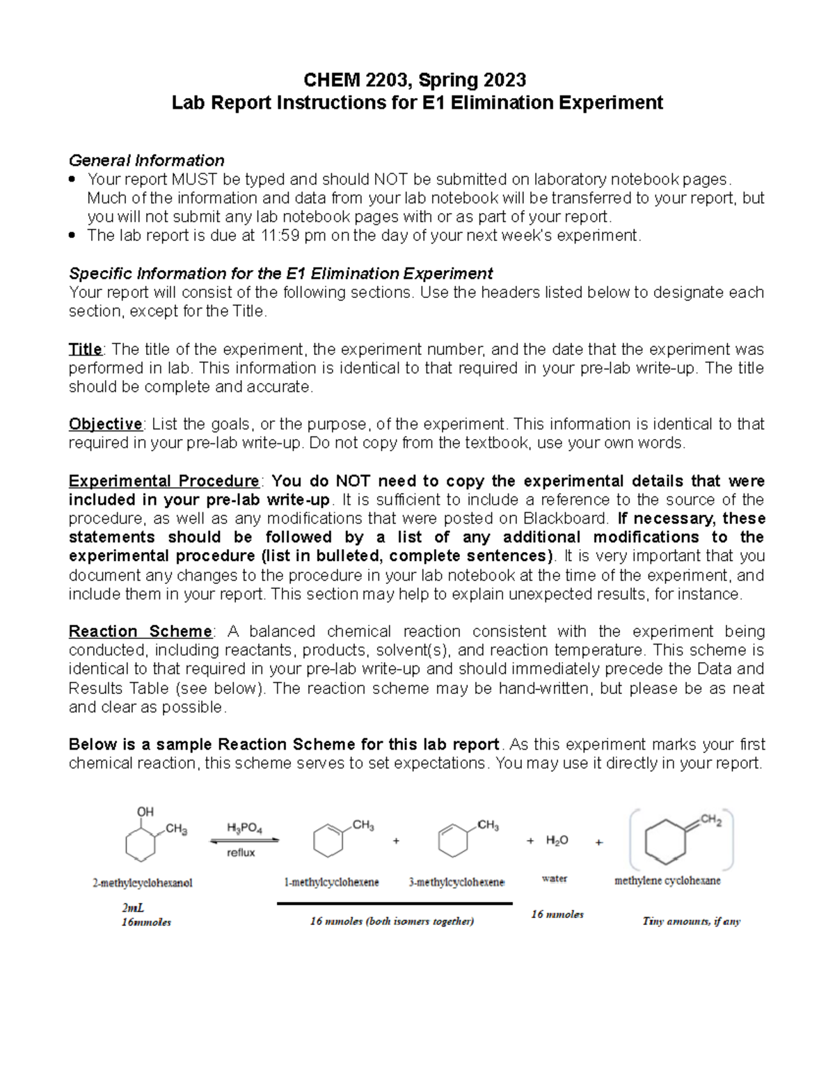 Spring 2023 CHEM 2203 E1 Elimination Lab Report Template - Studocu