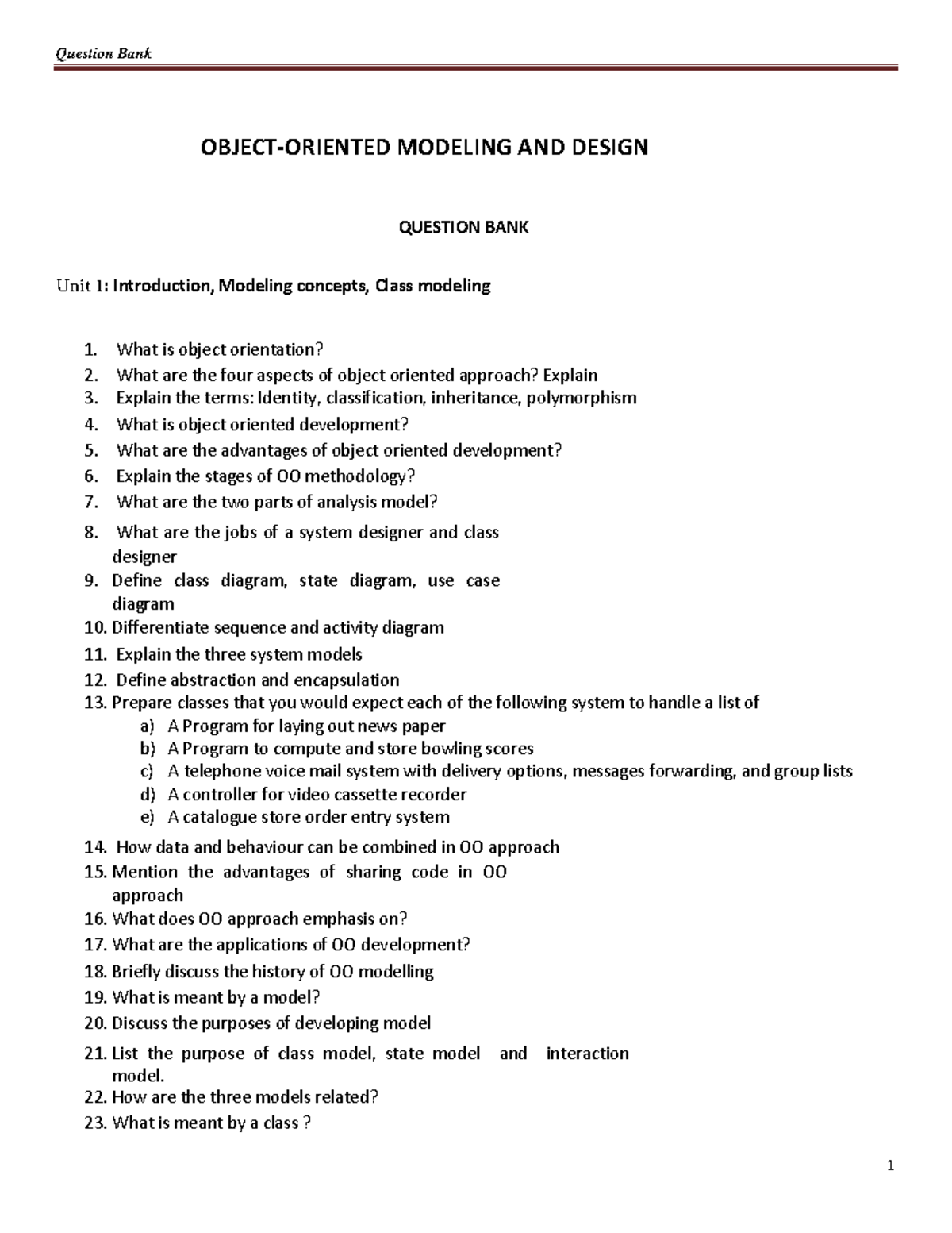 OO Modeling and Design - Unit 1 Question Bank (OOMD) - Studocu