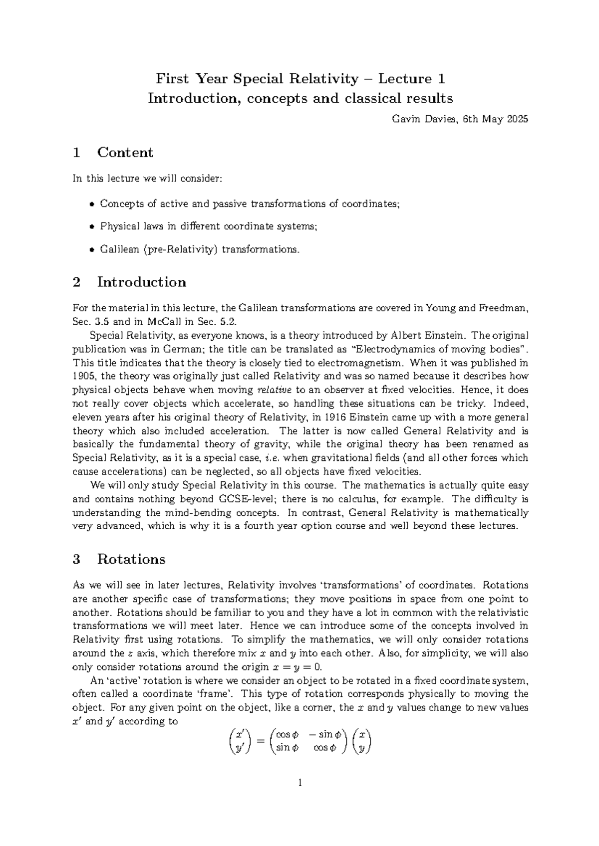 First Year Special Relativity Lecture 1: Introduction to Concepts and ...